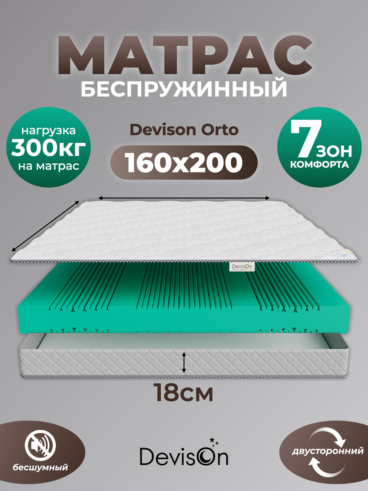 Матрас 160х200 ортопедический беспружинный для кровати Devison Orto