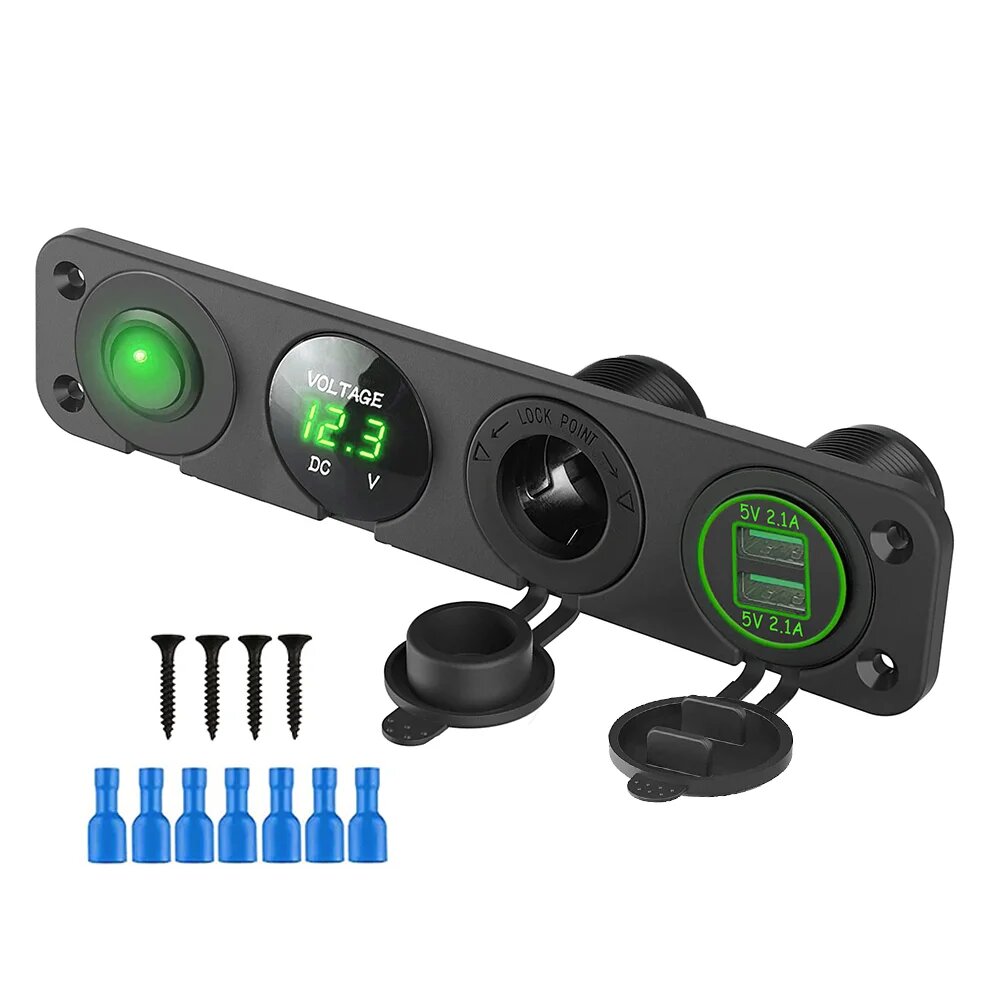 12 В USB-розетка 4 в 1, двойное зарядное устройство USB с кулисным переключателем, автомобильный прикуриватель, цифровой вольтметр для автомобиля, лодки, грузовика, автофургона Green set B