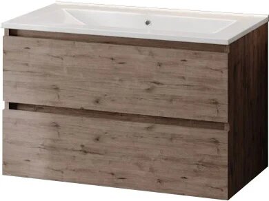 Тумба с раковиной Teymi Laina 80 подвесная, 81, 5 см, темное дерево, матовая, из МДФ, с ящиками, раковина для ванной, фарфоровая, прямоугольная