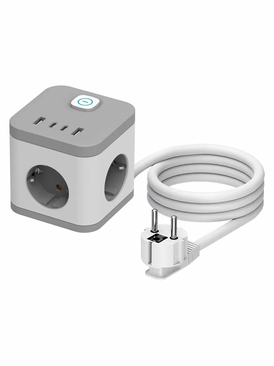 Удлинитель электрический ЭРА CUBE-3es-1,5m-4USB-W куб с заземлением и выключателем, 3 розетки+4xUSBA+C 1,5м 16А белый