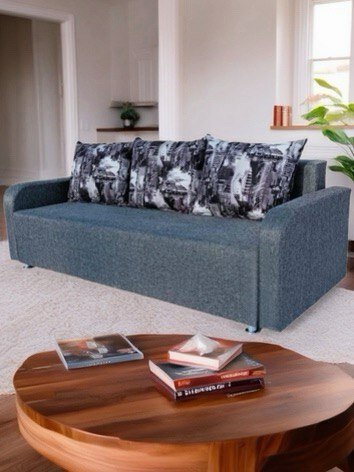 Диван-кровать "Вектор" темно-серая рогожка принт Москва, механизм Еврокнижка