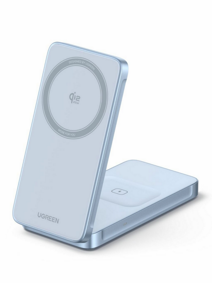 Беспроводное зарядное устройство UGREEN W756 (55963) MagFlow 2-in-1 Magnetic 25W Серебристо-голубой Qi 2