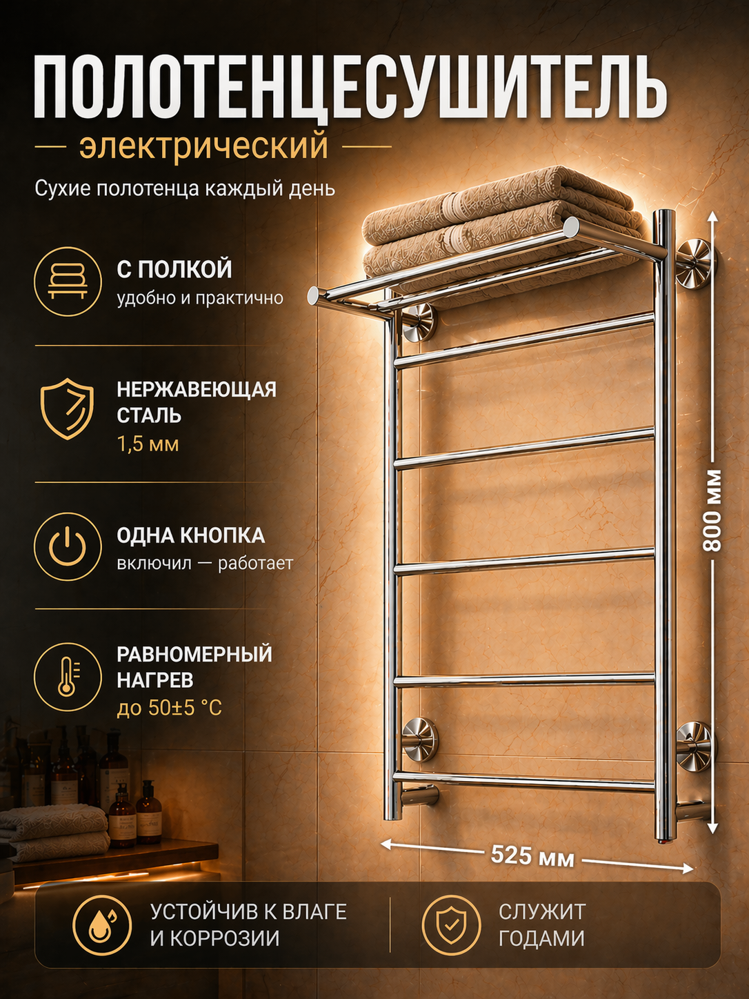 Полотенцесушитель электрический с полкой Хром 80/50 Simple, нержавеющая сталь, скрытое подключение
