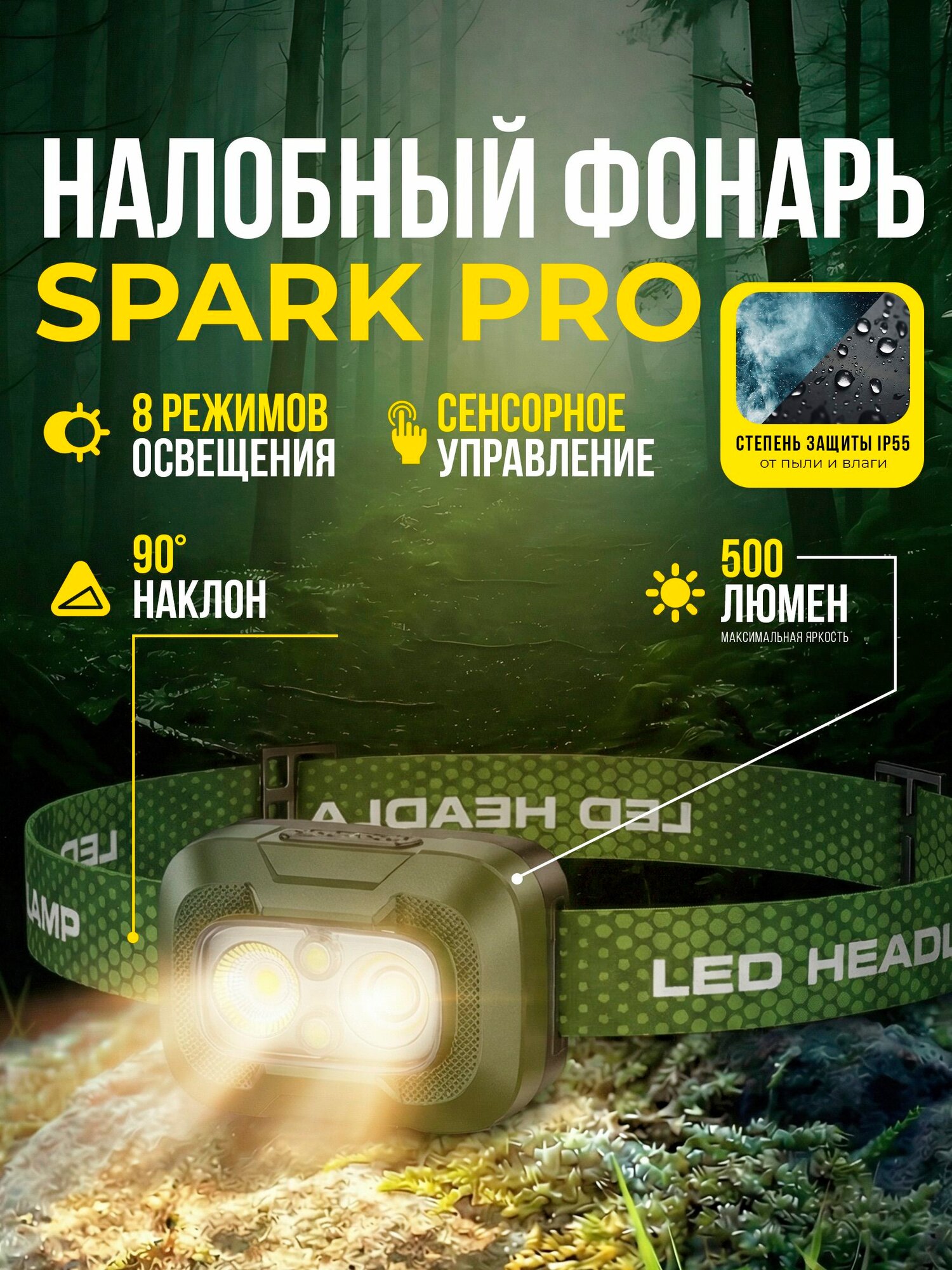 Налобный светодиодный фонарь Spark Pro Green (емкость 1500 мАч, мощность 5 Вт, световой поток 500 Лм)