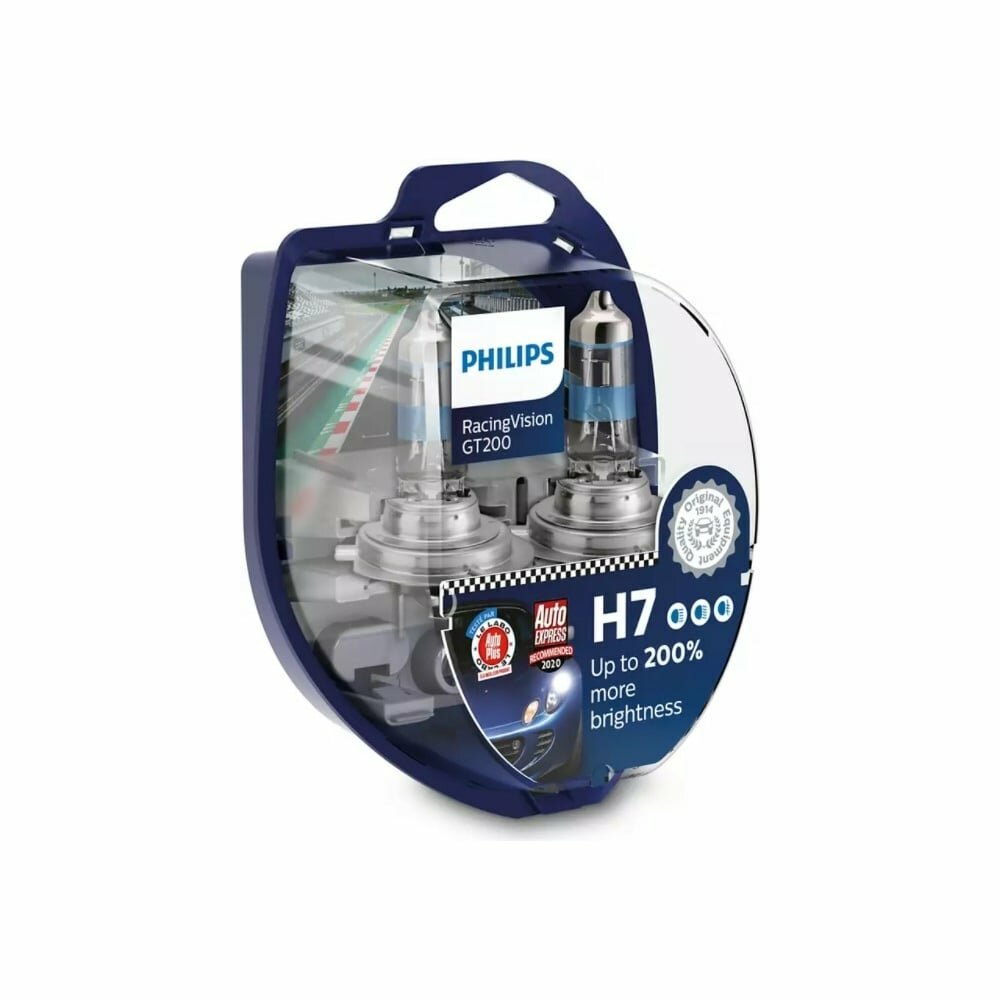 Автолампа PHILIPS H7, 55 Вт, PX26d+200%, Racing Vision GT200, 2 шт, 3500 К, 12 В 12972RGTS2