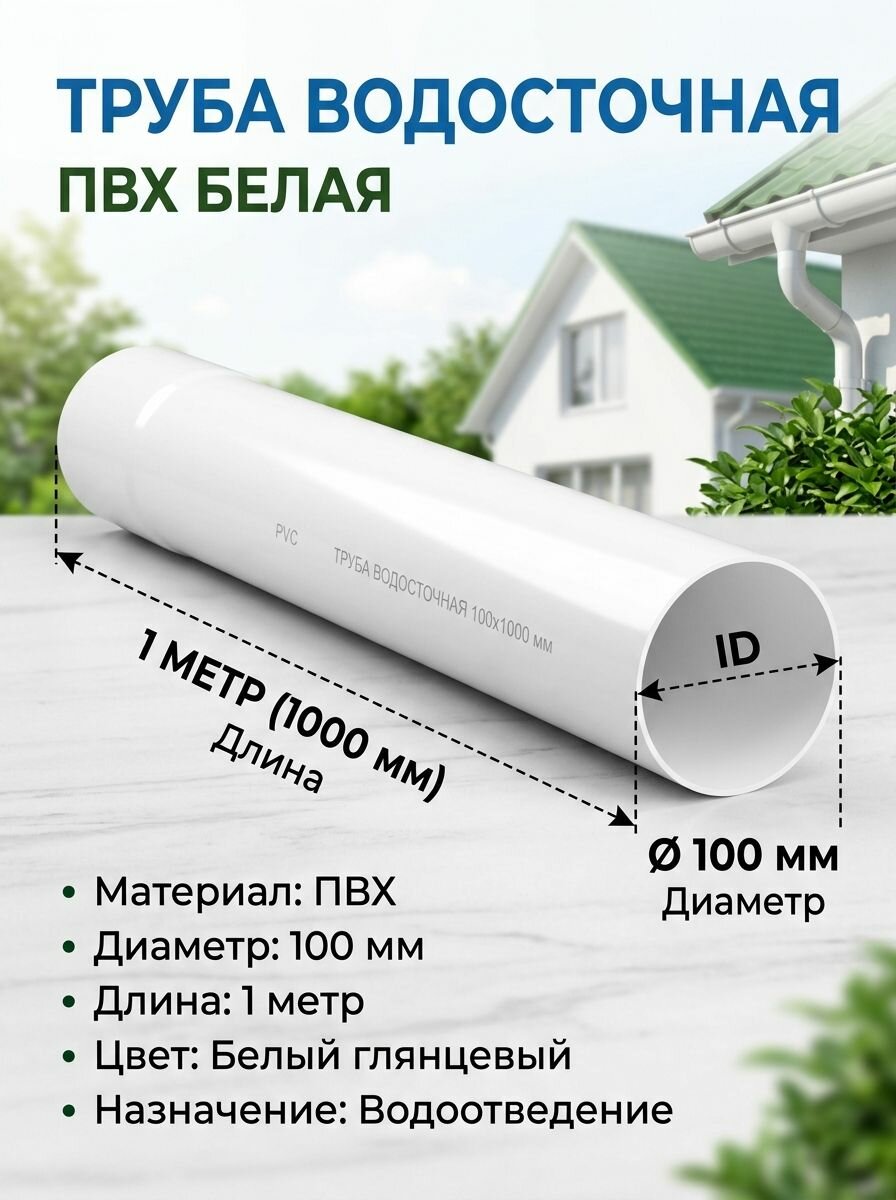 Труба водосточная пластиковая 100 мм, длина 1 метр, белый