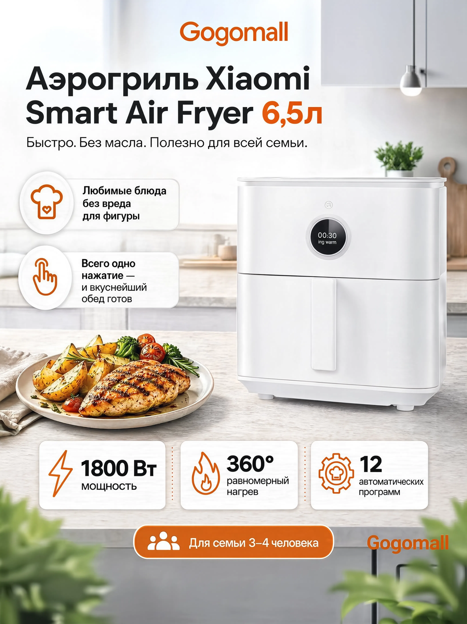 Аэрогриль Xiaomi Smart Air Fryer 6,5L White (BHR7358EU), белая