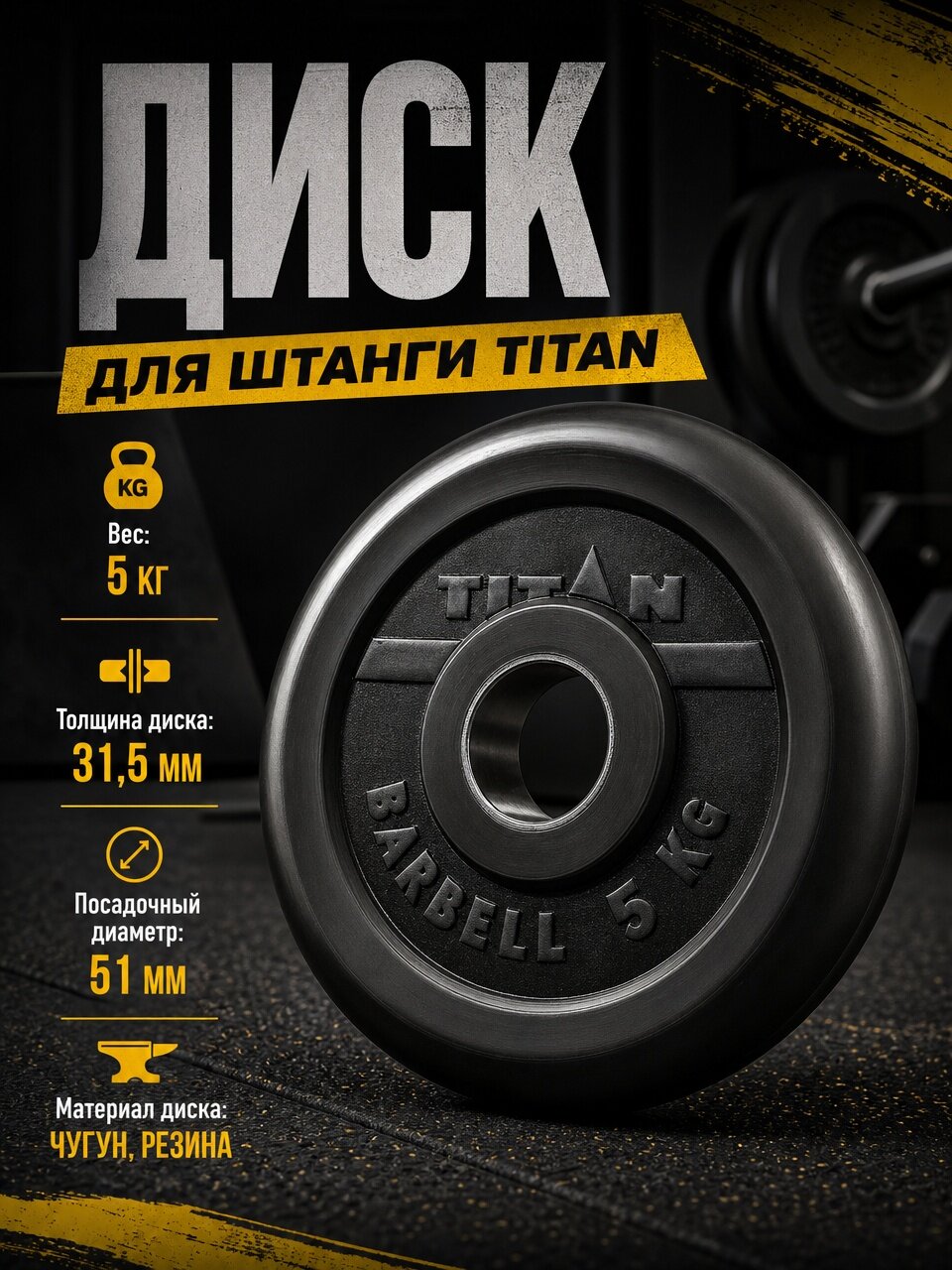 Диск Iron King, обрезиненный, сталь, D51, диаметр 20 см, 5 кг, черный