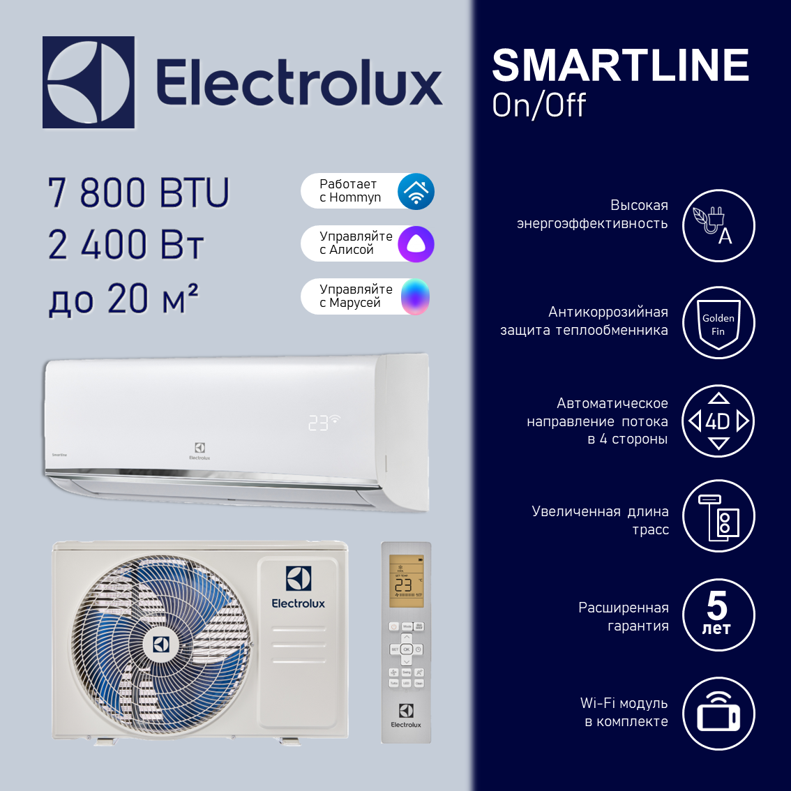 Классический кондиционер с Wi-Fi Electrolux SmartLine EACS-07HSM/N8_V2 на 2 кВт (до 20 м2), A, белый