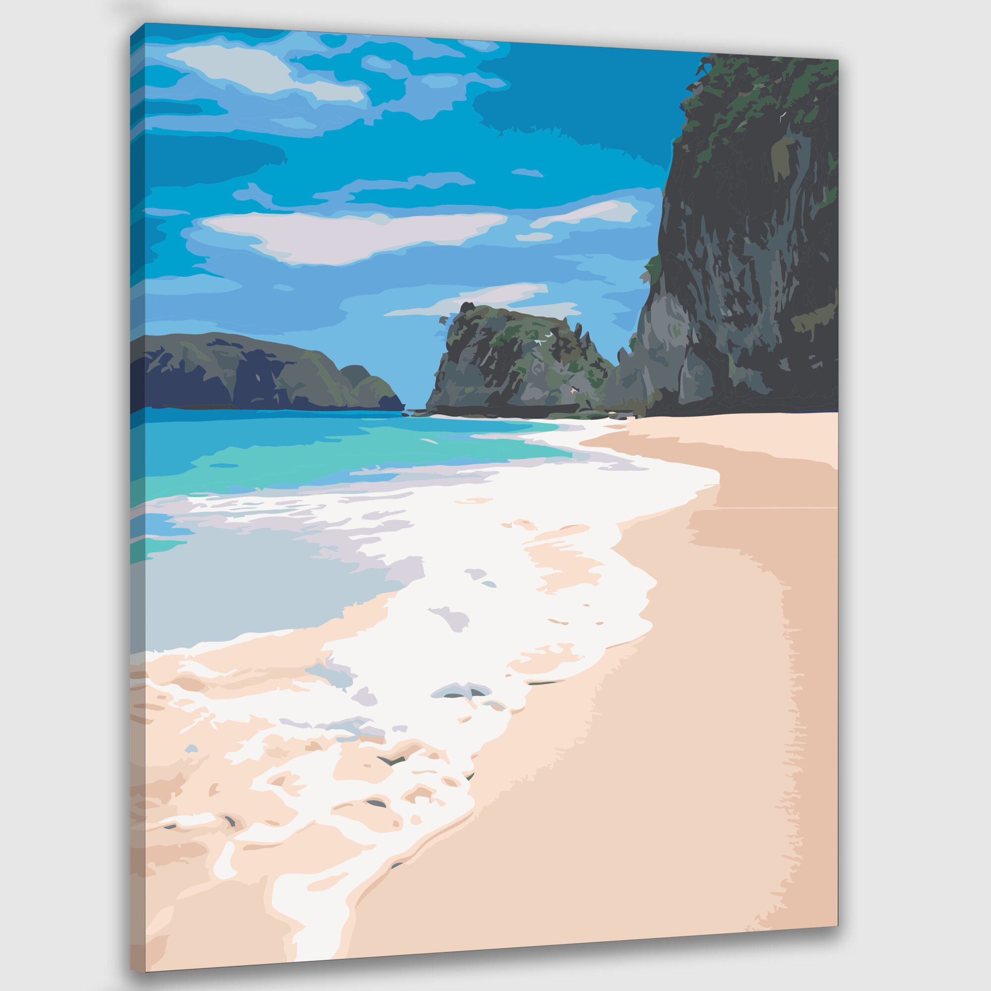 Картина по номерам 40x50 см, пляж, вода, скалы, песок, свет, солнце, волны, берег, море, спокойствие, трепет, красота