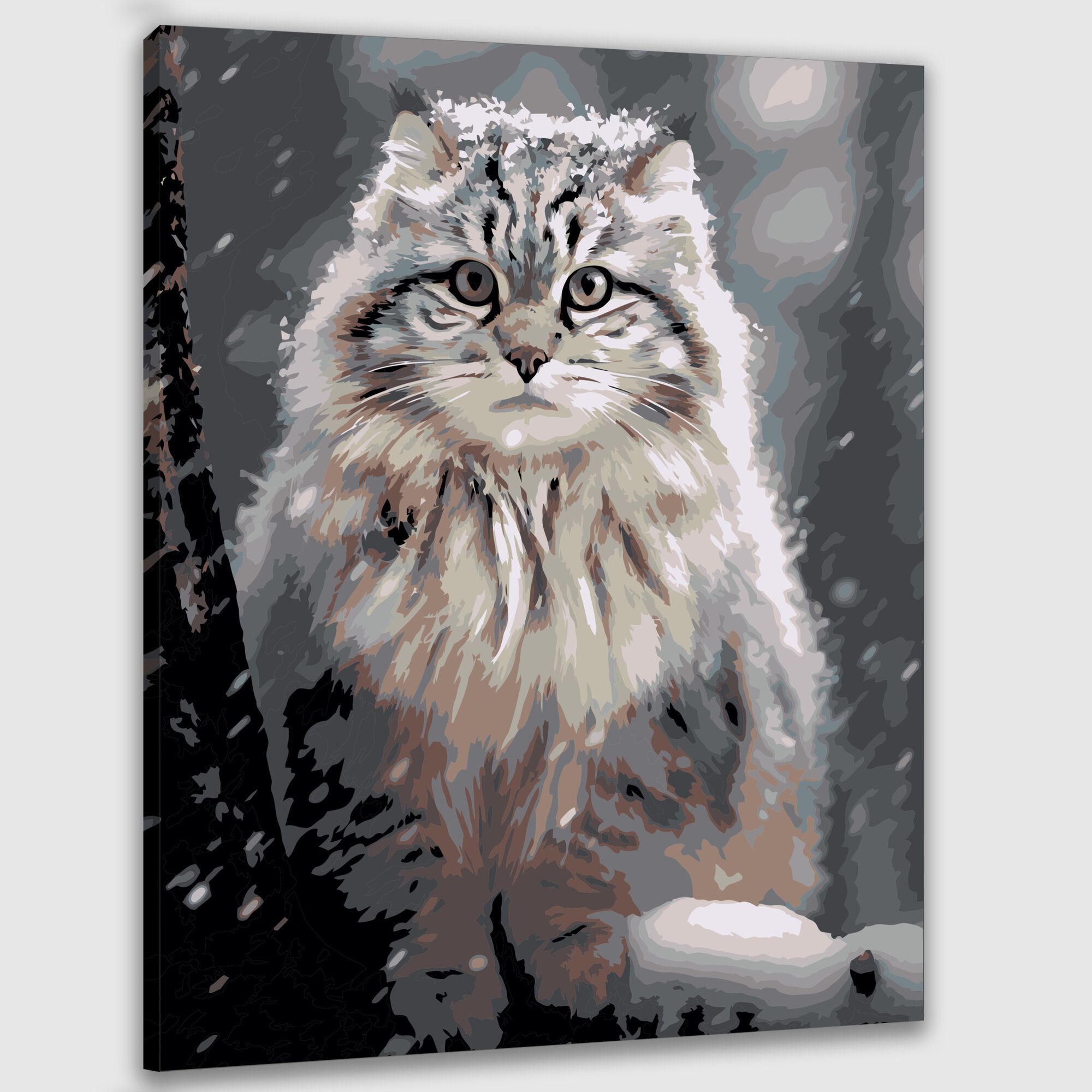 Картина по номерам 40x50 см, цифровая картина, манул, кот Манул, заснеженная ветка, зимний лес, кошачий мех, отметины