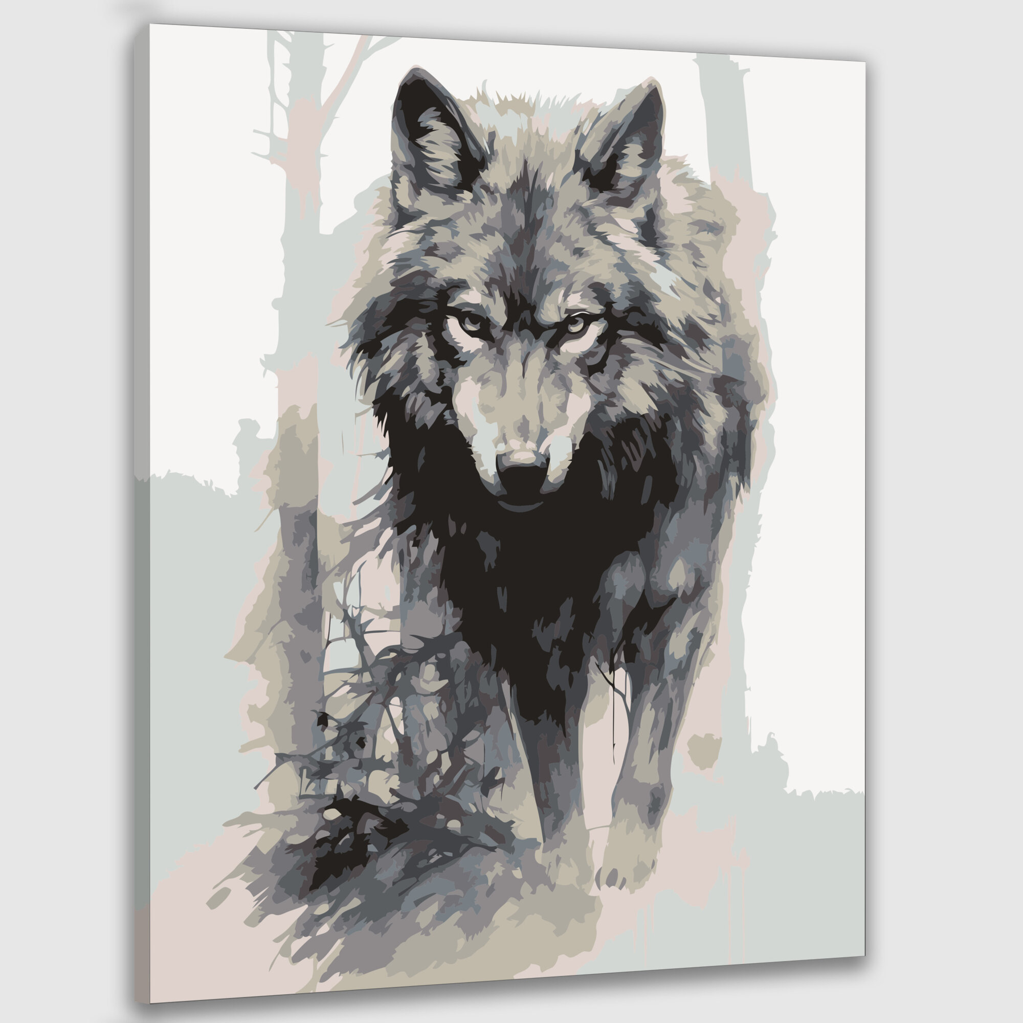 Картина по номерам 40x50 см, волк, уголь, голубые глаза, густой лес, таинственность, опасность, напряженность, хищник