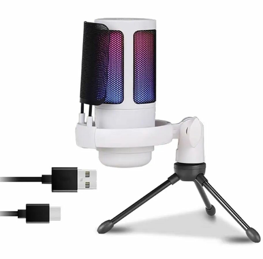 Микрофон RGB игровой, студийный, настольный USB Геймерский микрофон ME6P (белый)