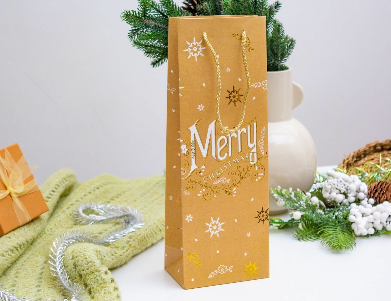 Подарочный пакет для бутылки золотое рождество: поздравление, 36х13 см, Koopman International ABB302090-4