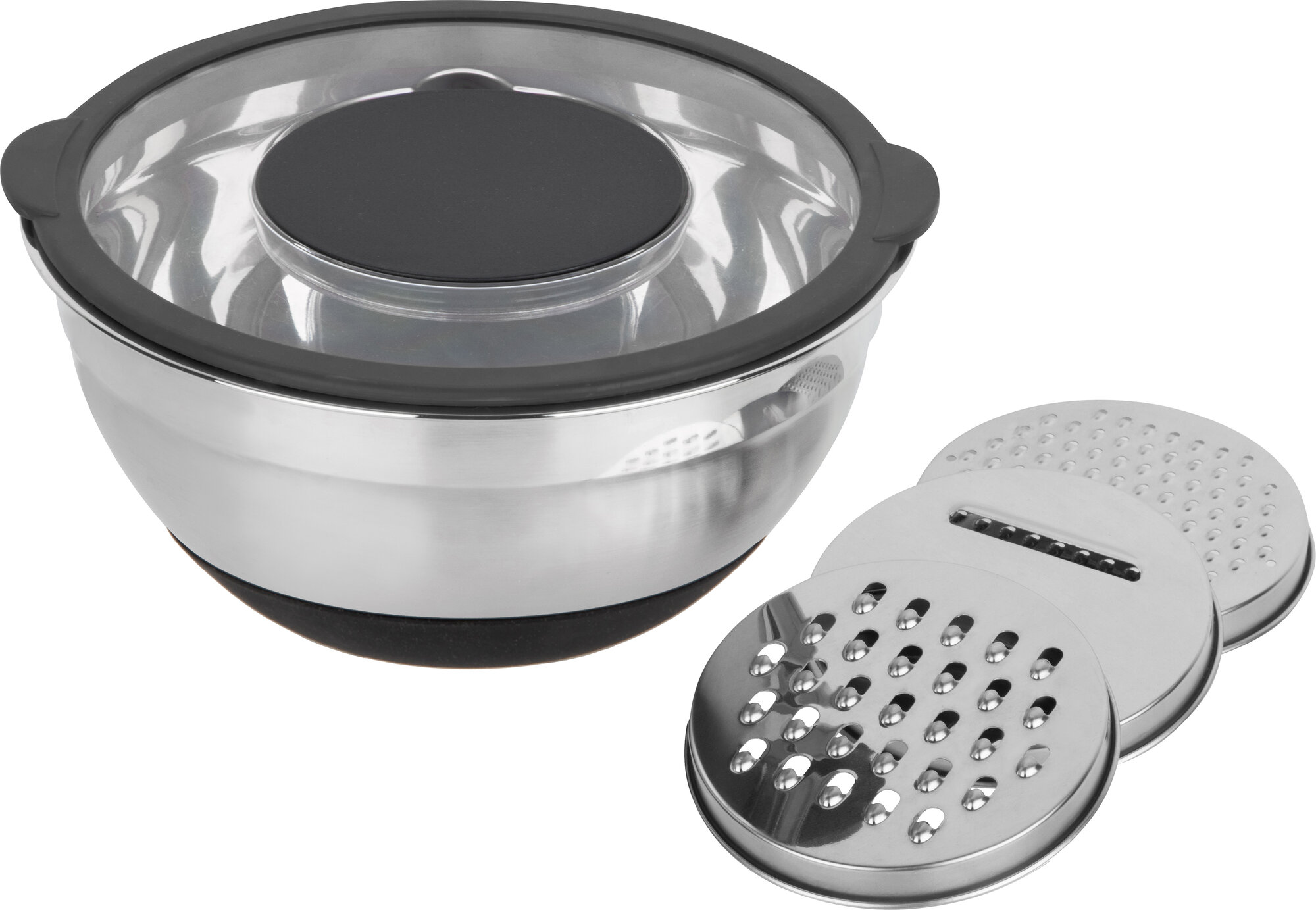 Миска 4,5 л AMARENA из нерж стали с сил антискользящим дном с крышкой-тёркой (3 тёрки в комплекте)