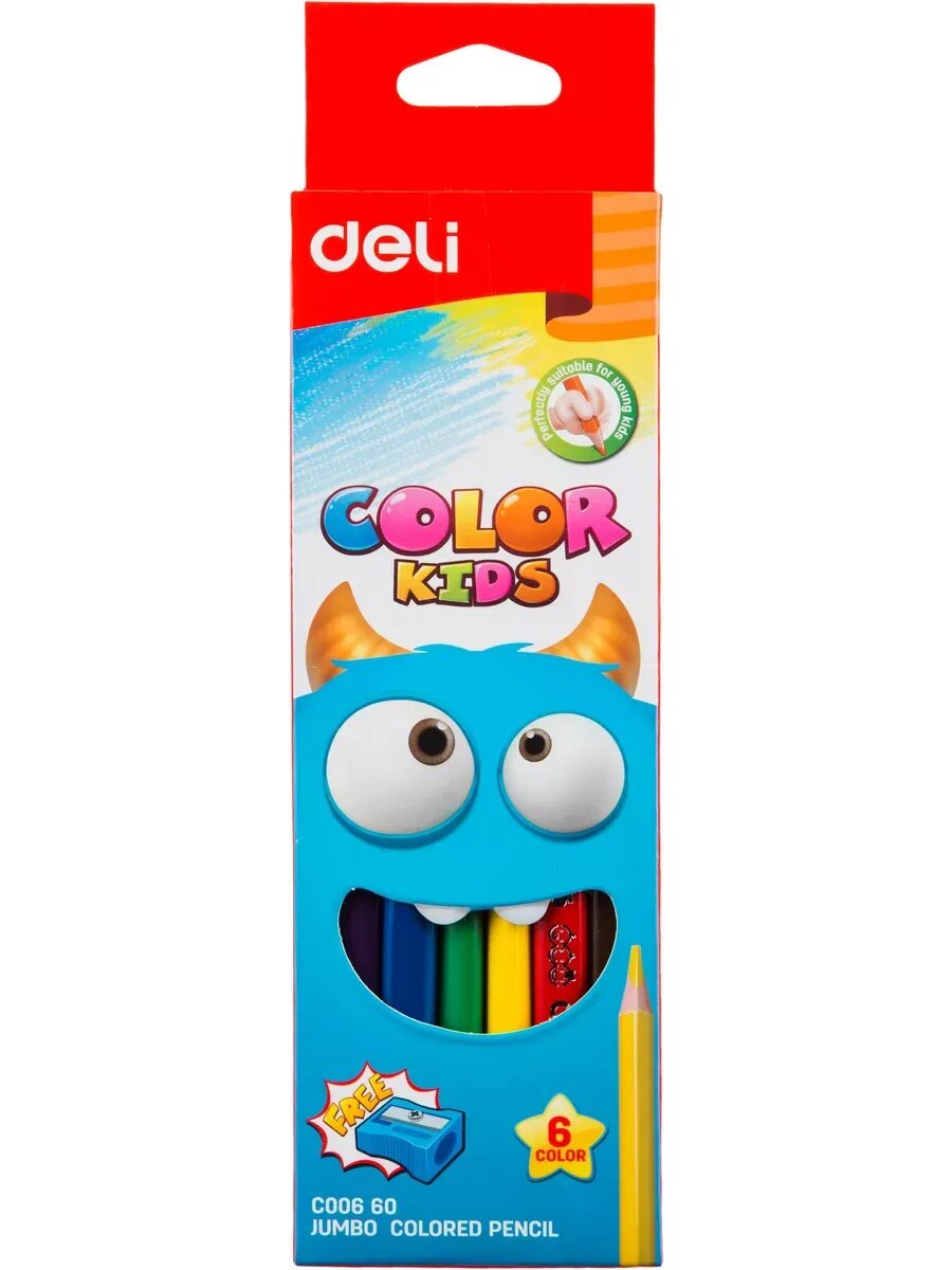 Карандаши цветные, трехгранные, 6 цветов, с точилкой