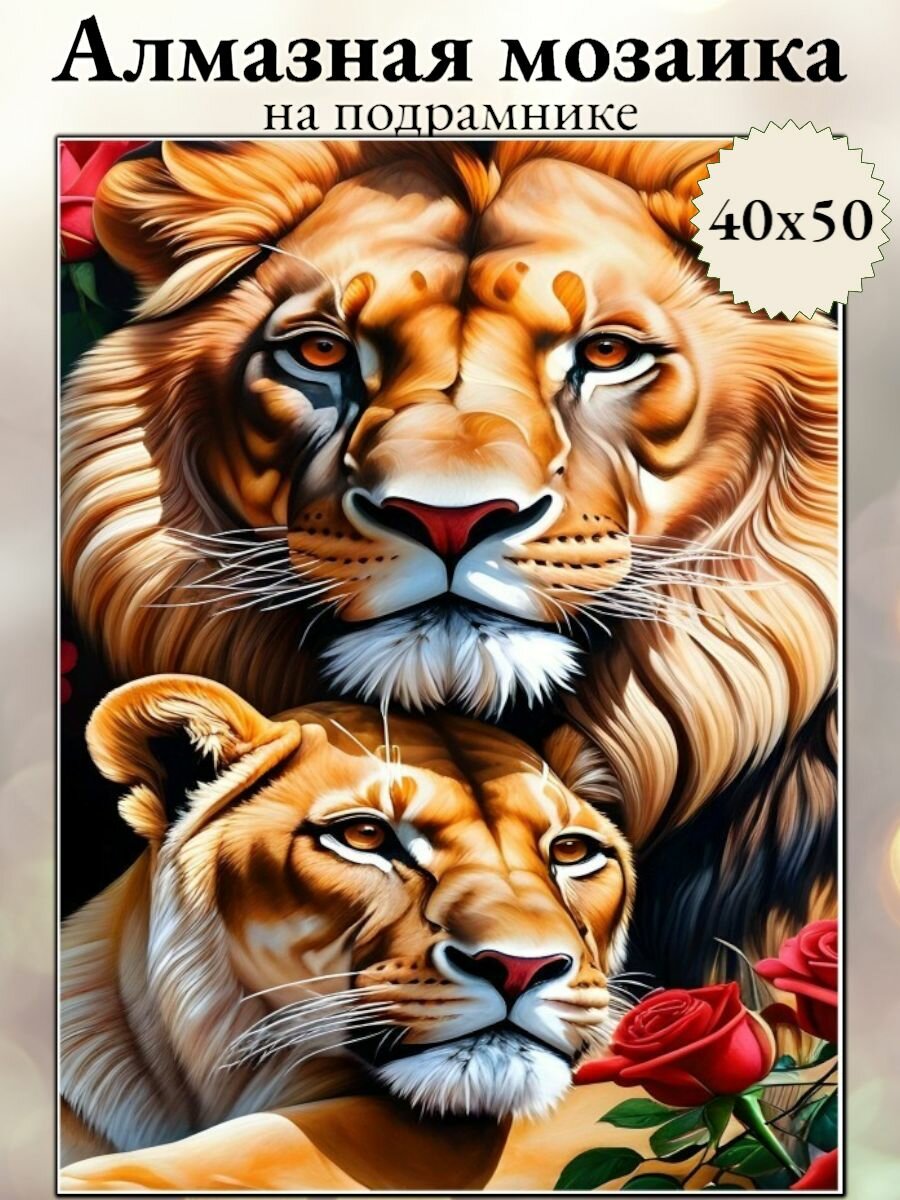 Алмазная мозаика, алмазная живопись на подрамнике 40х50 Картина стразами "Лев и львица"