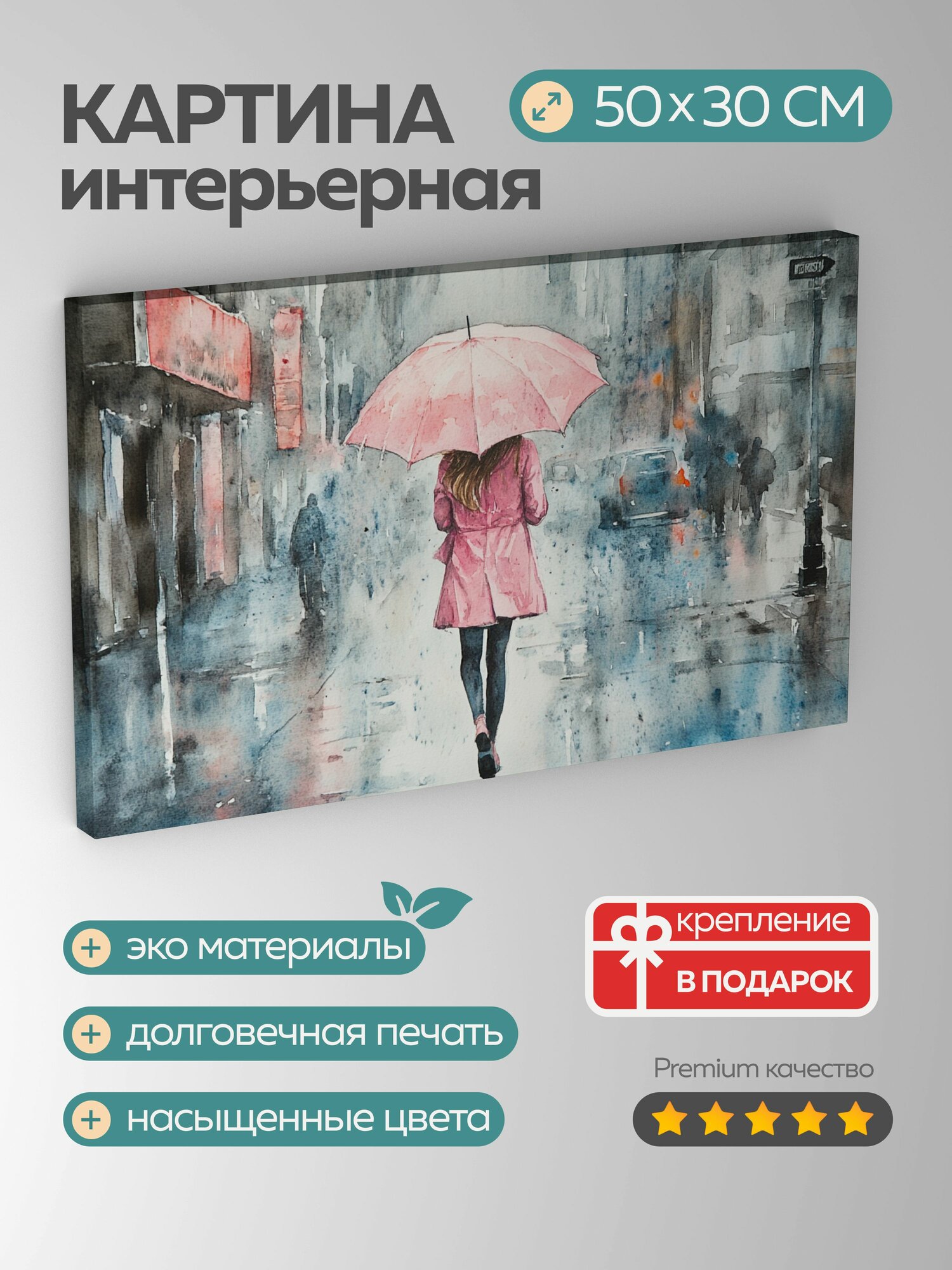 Картина на холсте интерьерная 50х30 см, девушка, розовый зонтик, дождь, городская улица, акварель, плащ, контраст