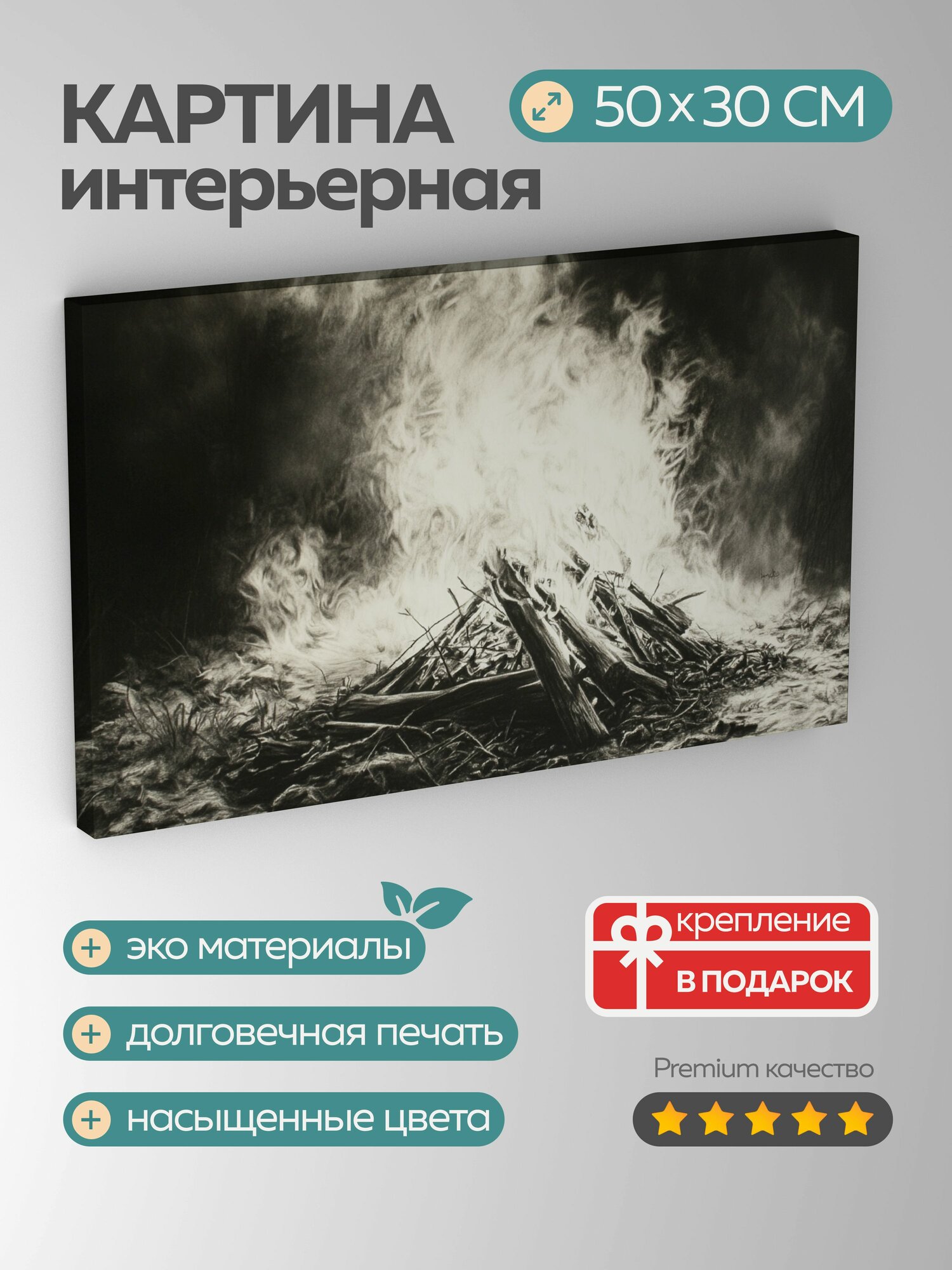 Картина на холсте интерьерная 50х30 см, уголь, ревущий костер, первобытная сущность огня, замысловатые детали