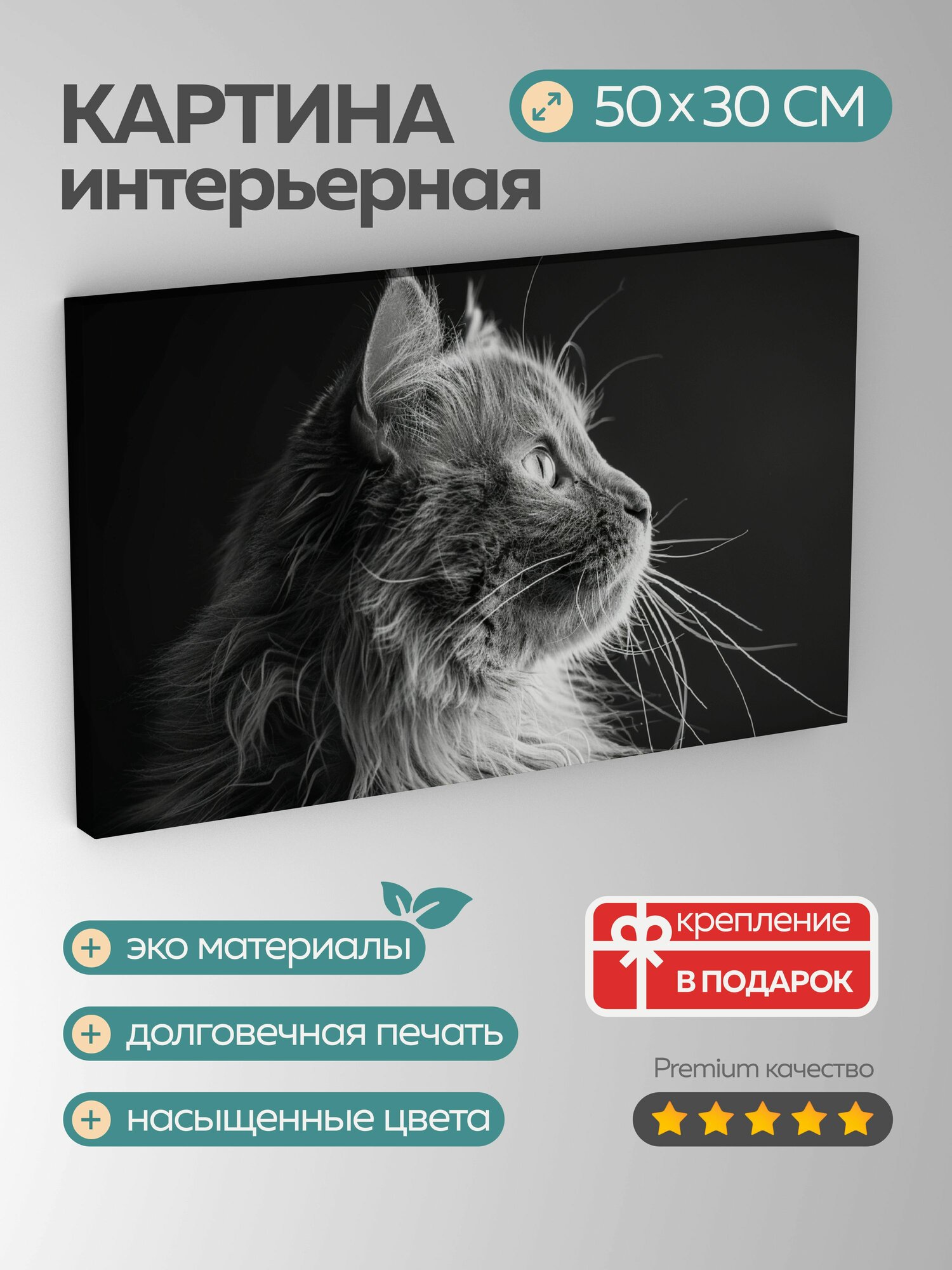 Картина на холсте интерьерная 50х30 см, кот, черно-белая, фотография, величественный, мудрый, выражение лица, контраст