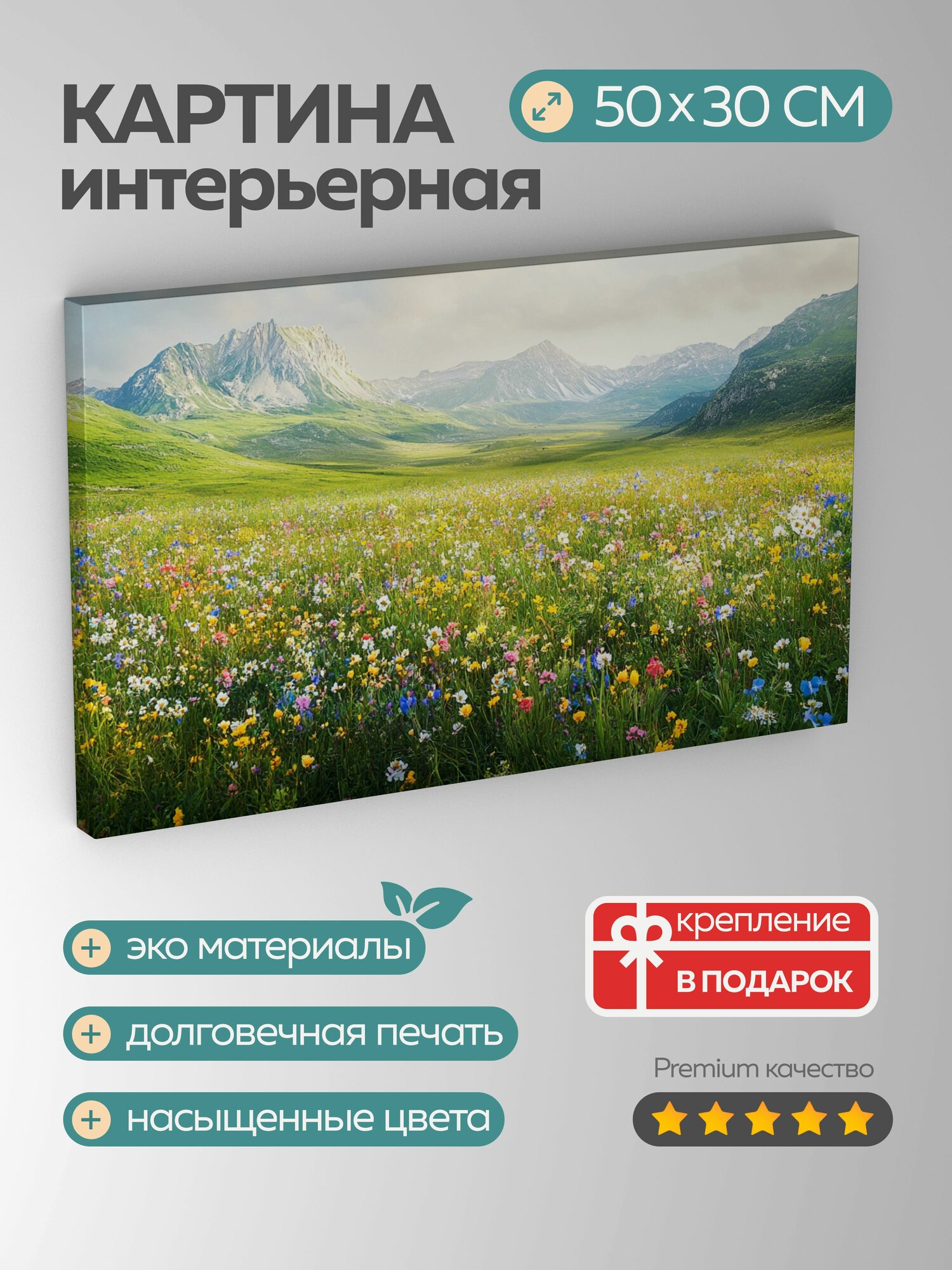 Картина на холсте интерьерная 50х30 см, Зеленый луг, цветы, трава, природа, масштаб, детали, красота, фотография