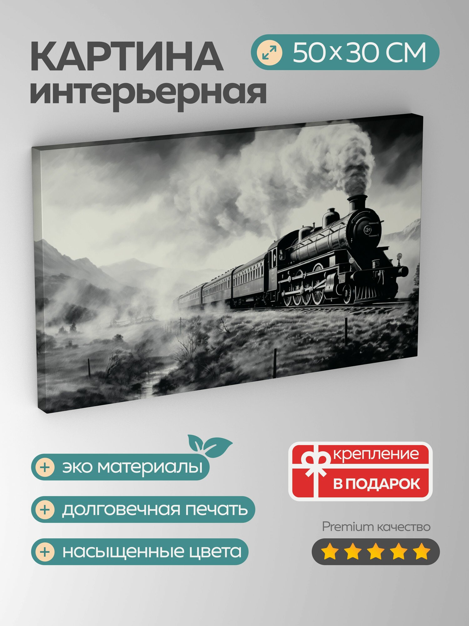 Картина на холсте интерьерная 50х30 см, картина, черно-белая фотография, старинный паровоз, живописная сельская желез