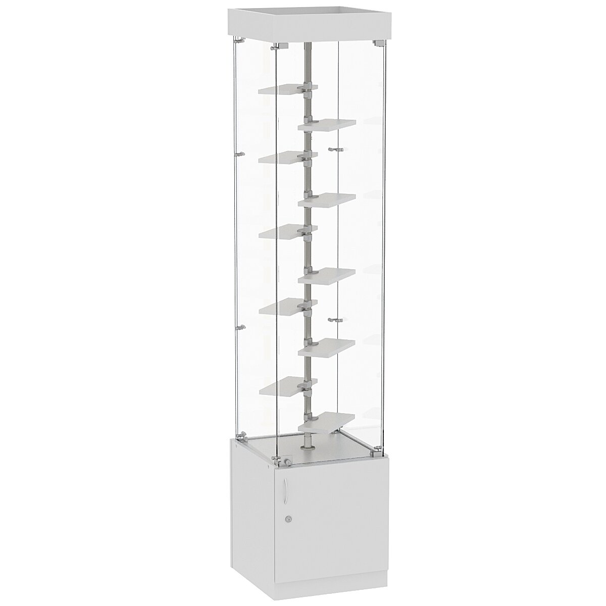 Стеклянная торговая витрина с прозрачными стенками и маленькими полками ДСП серии Протон №2-2, Серый