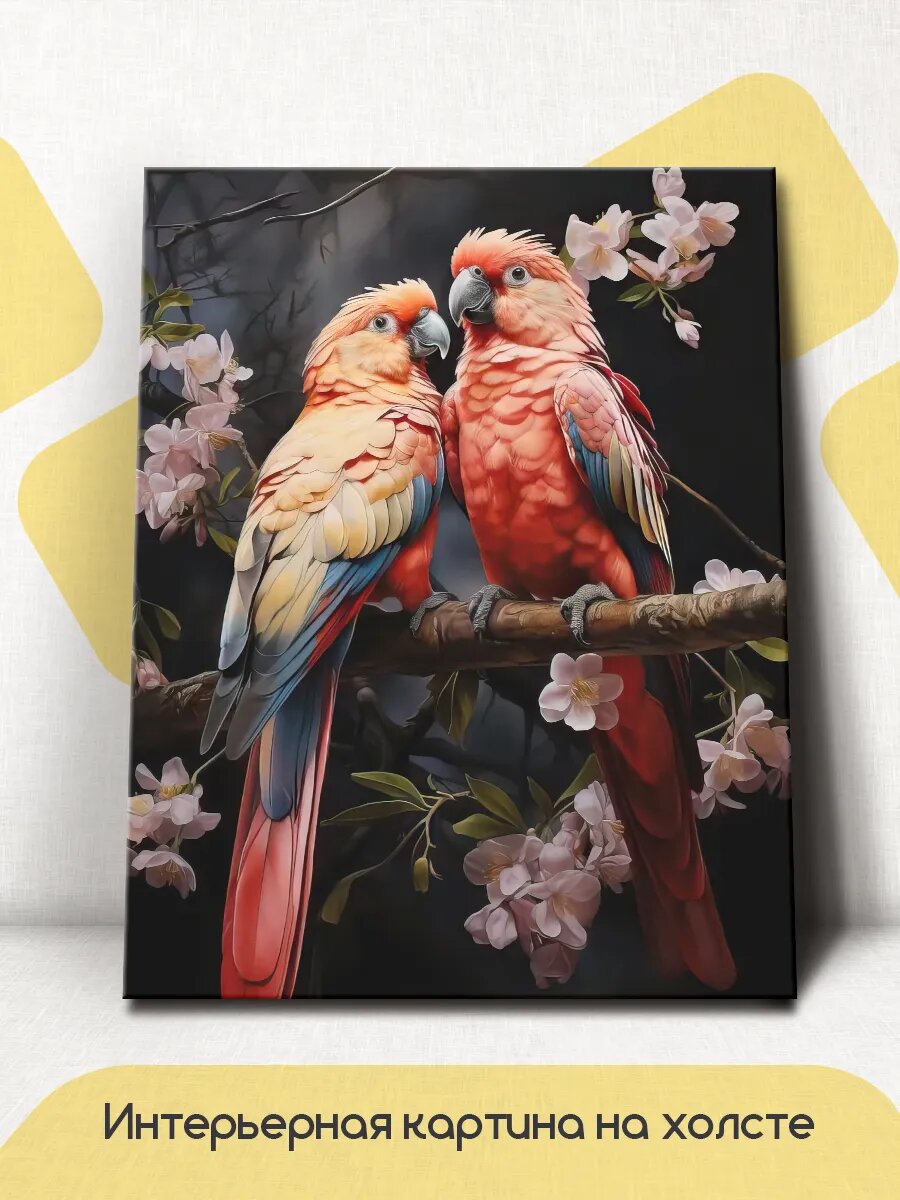 Картина на стену Пара попугаев среди цветов 30x40 см