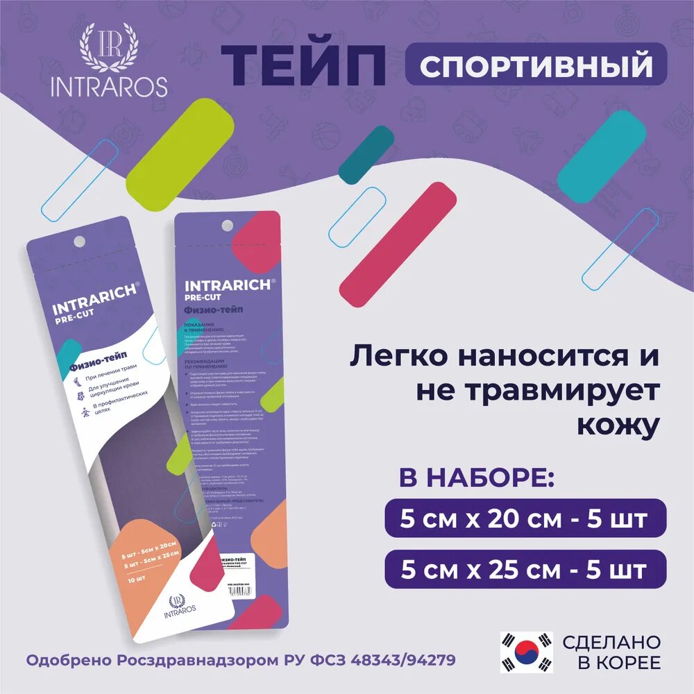 Тейп спортивный INTRARICH PRE-CUT (преднарезанный), набор 10 шт, фиолетовый