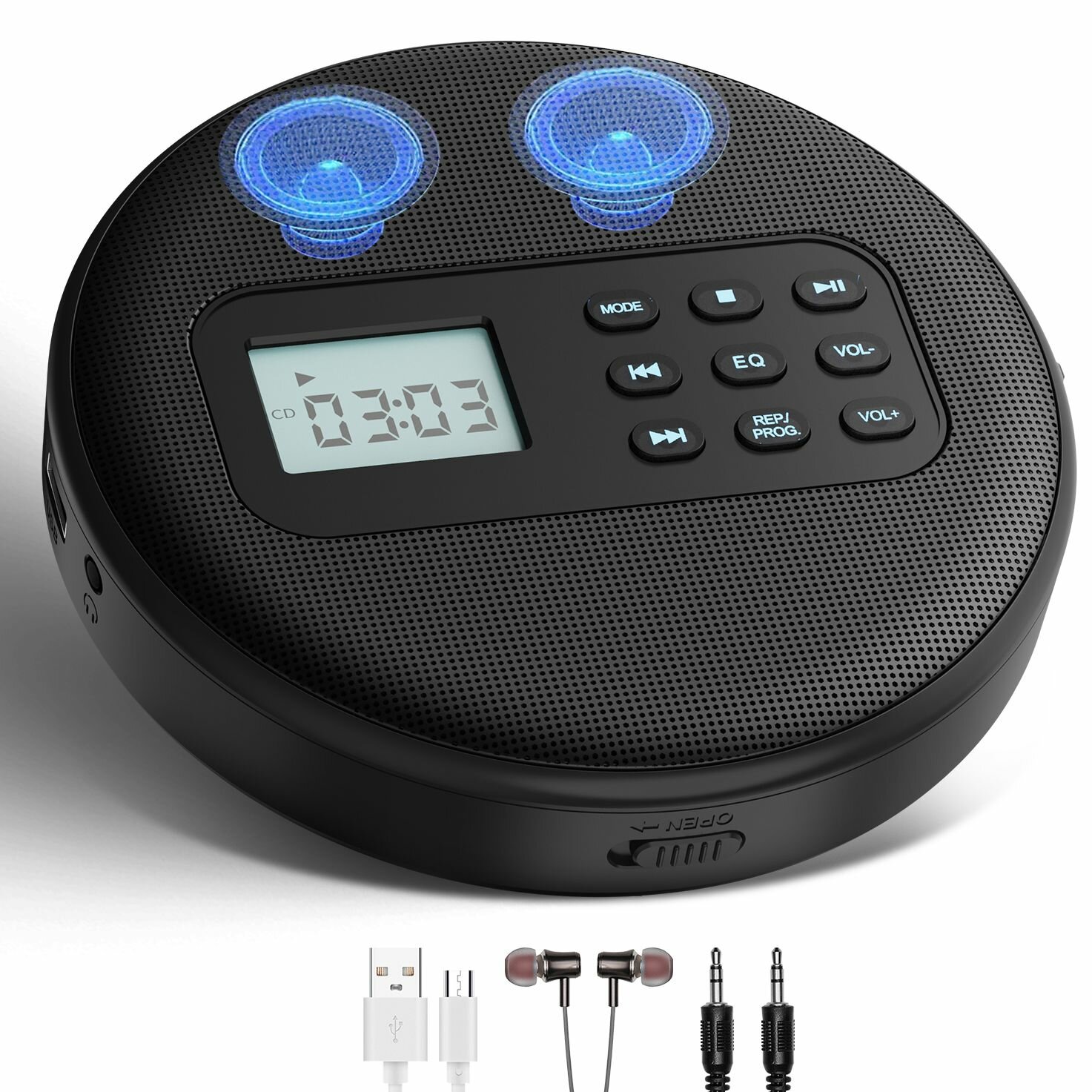 Портативный автомобильный CD - проигрыватель KUEPHOM Поддерживаемый проигрыватель CD со стереодинамиком и защита от прыжков Discman CD - плеер