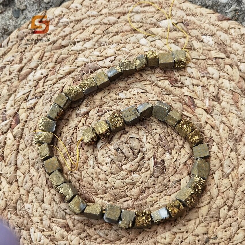 Бусины из пирита, квадратные, Titanium Gold, 10-15 мм, 26-36 шт