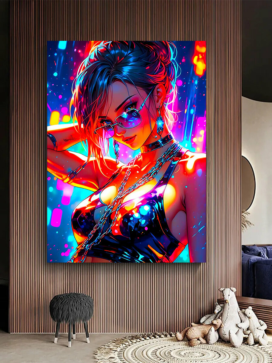 Картина на стену для интерьера - "Девушка аниме хентай неон" , 20х30 см.