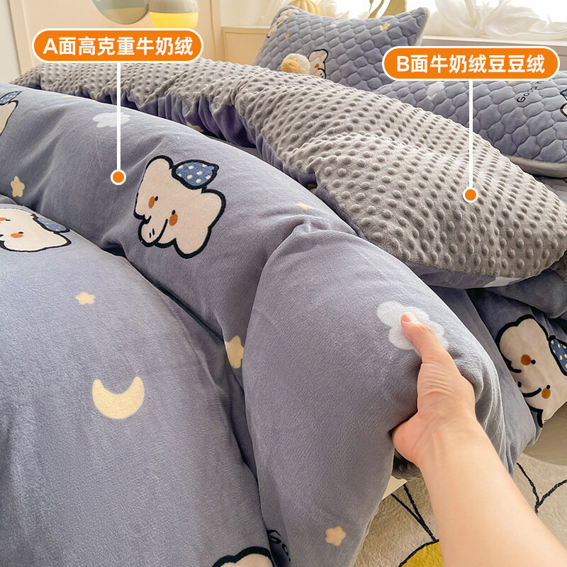 Бархатный комплект из четырех предметов с рисунком "молочный бархат в горошек", плотная двухсторонняя бархатная простыня, пододеяльник, зимняя фланель, оптовая продажа, категория а-затяжное детское односпальное пододеяльник размером 150х200 см