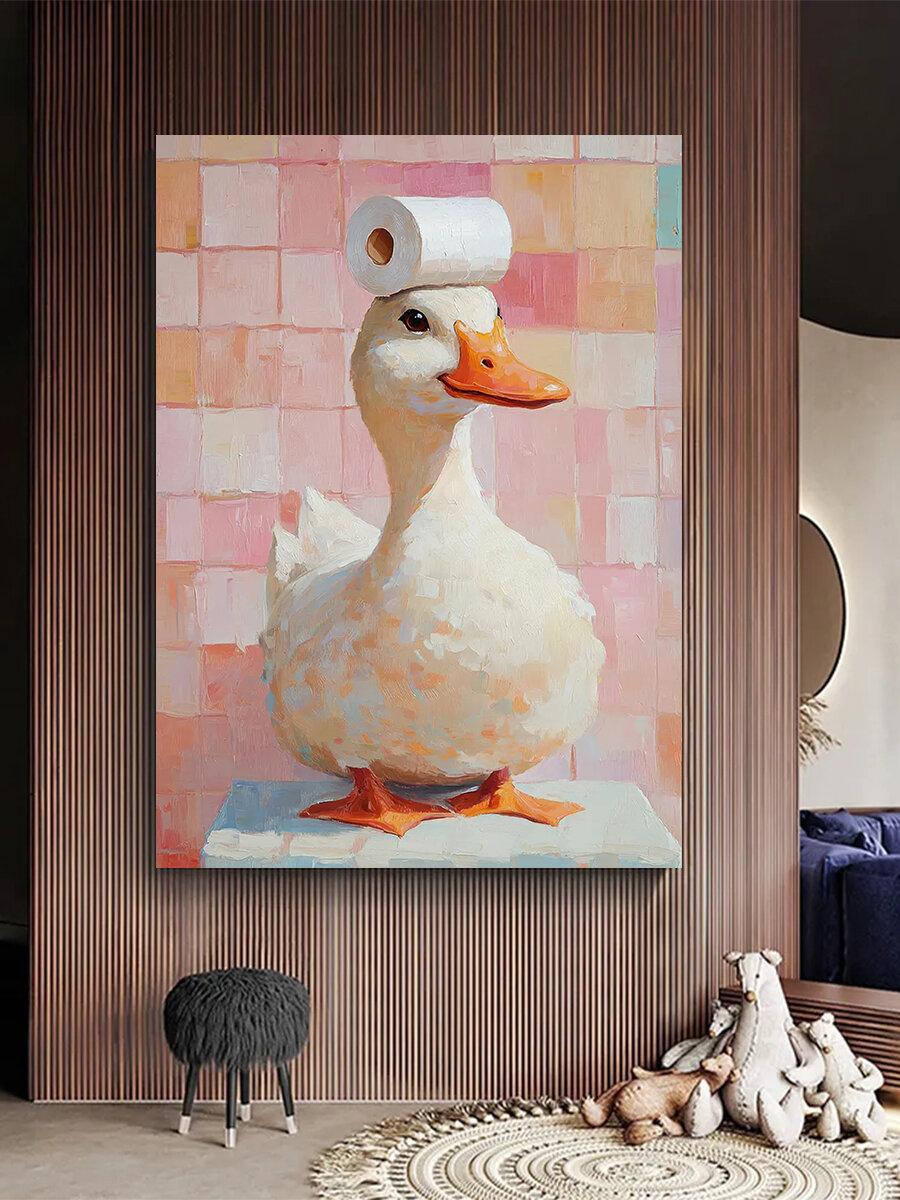 Картина на стену для интерьера - "Утка в туалете. Животные в туалете и ванной комнате" , 20х30 см.