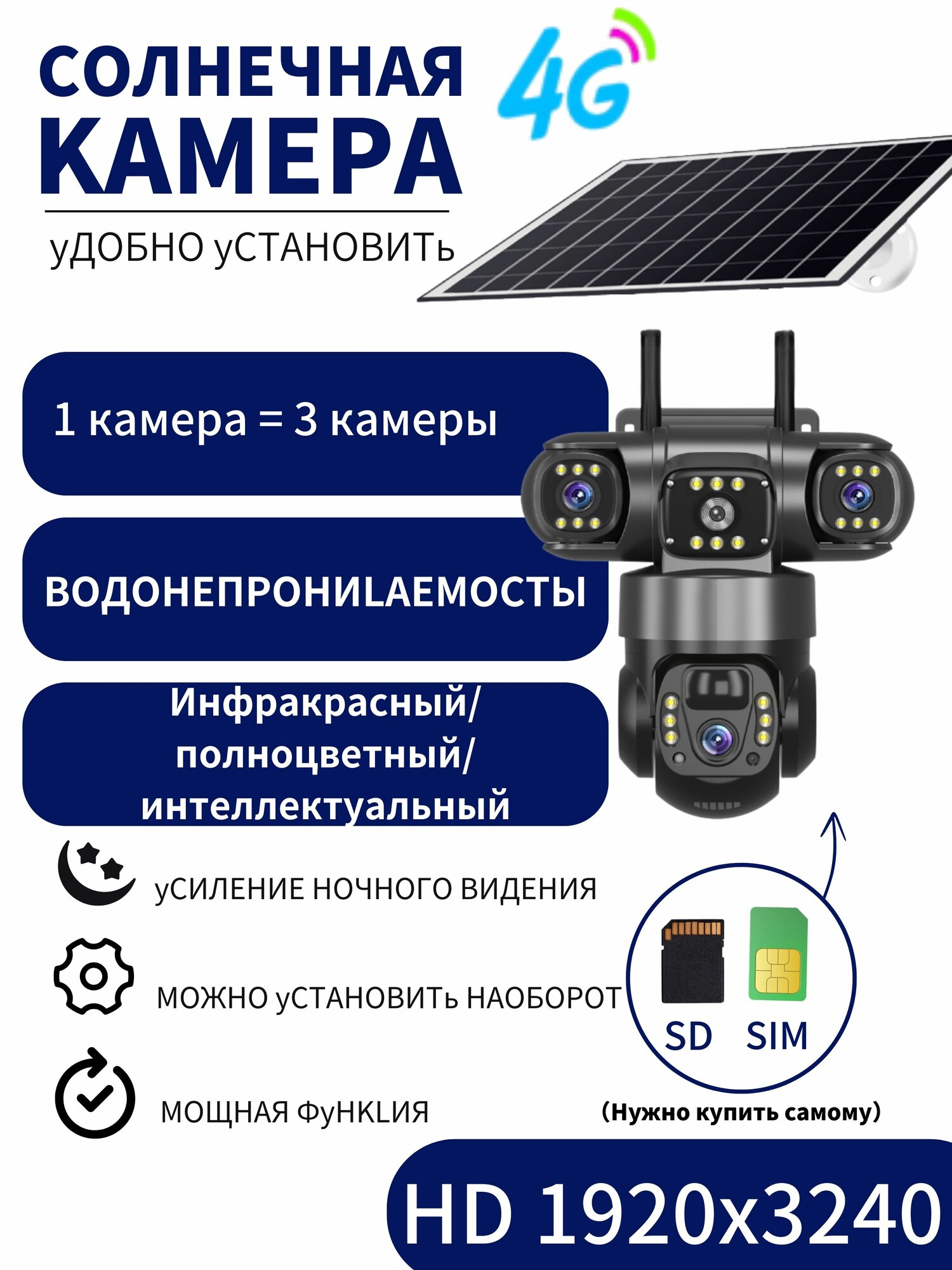 3-камерная 4G камера "Всевидящее око" Солнечная батарея, HD1920*3240, 15м ночь, AI-детекция людей