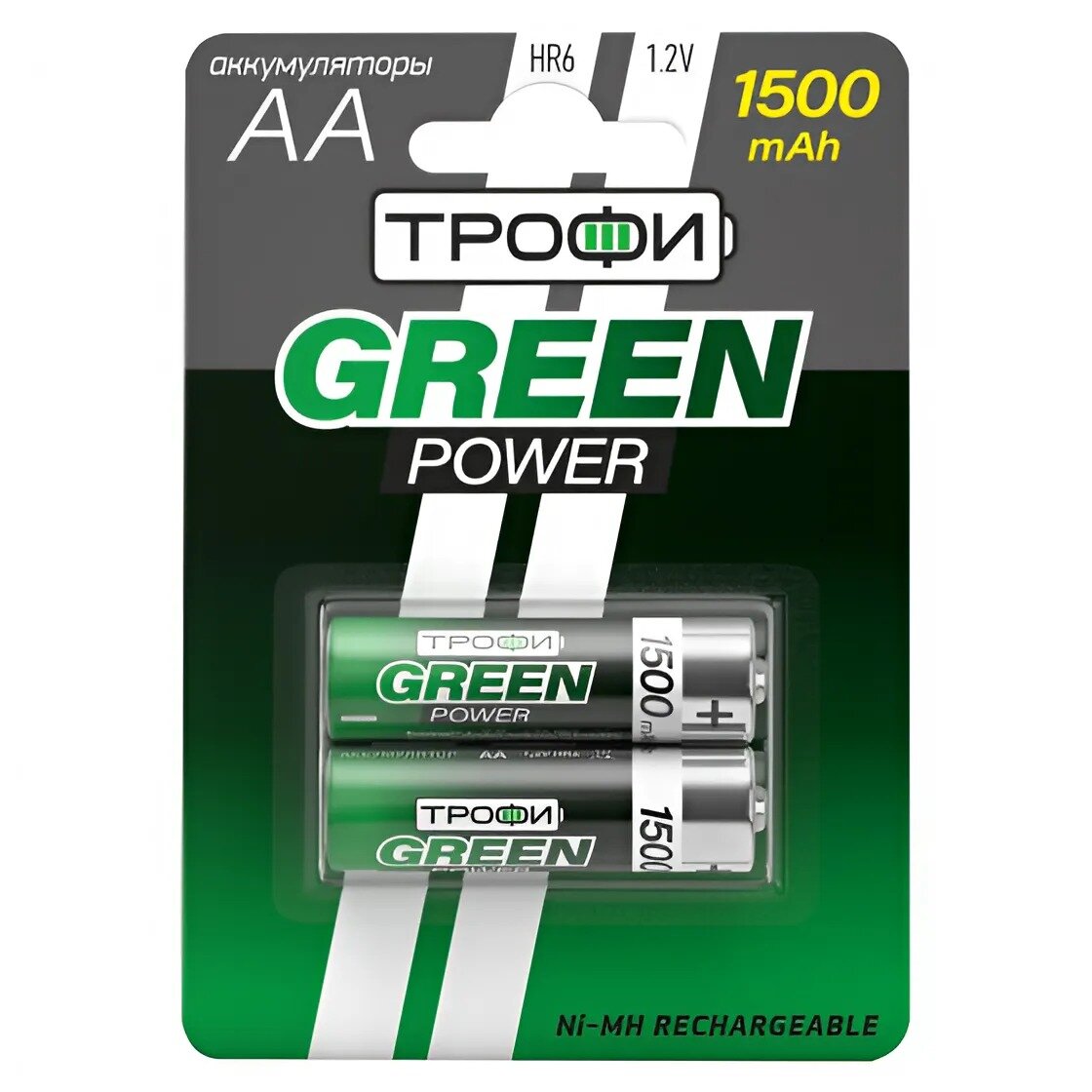 Аккумуляторы AA / R6 "пальчиковые" Ni-MH 1500mA 1.2V Трофи GREEN POWER - 2шт