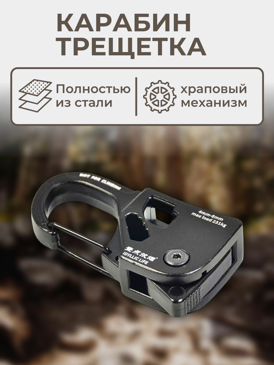 Карабин трещотка с самосбросом и веревкой 6 мм для растяжки тента, гамака, сушки белья и туристических задач