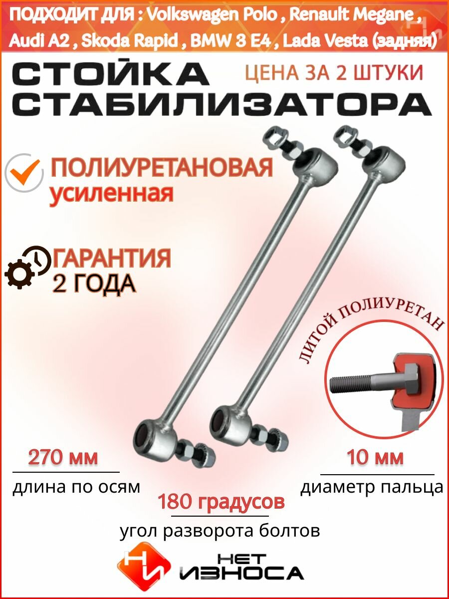Стойки стабилизатора усиленные полиуретановые NL202-2 комплект 2шт. для Volkswagen Polo , Renault Megane , Audi A2 , Skoda Rapid, LADA VESTA ( задние)