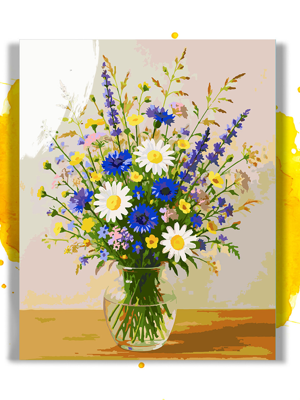 Картина по номерам на холсте Букет лютиков ромашек и васильков, 40 х 50 см