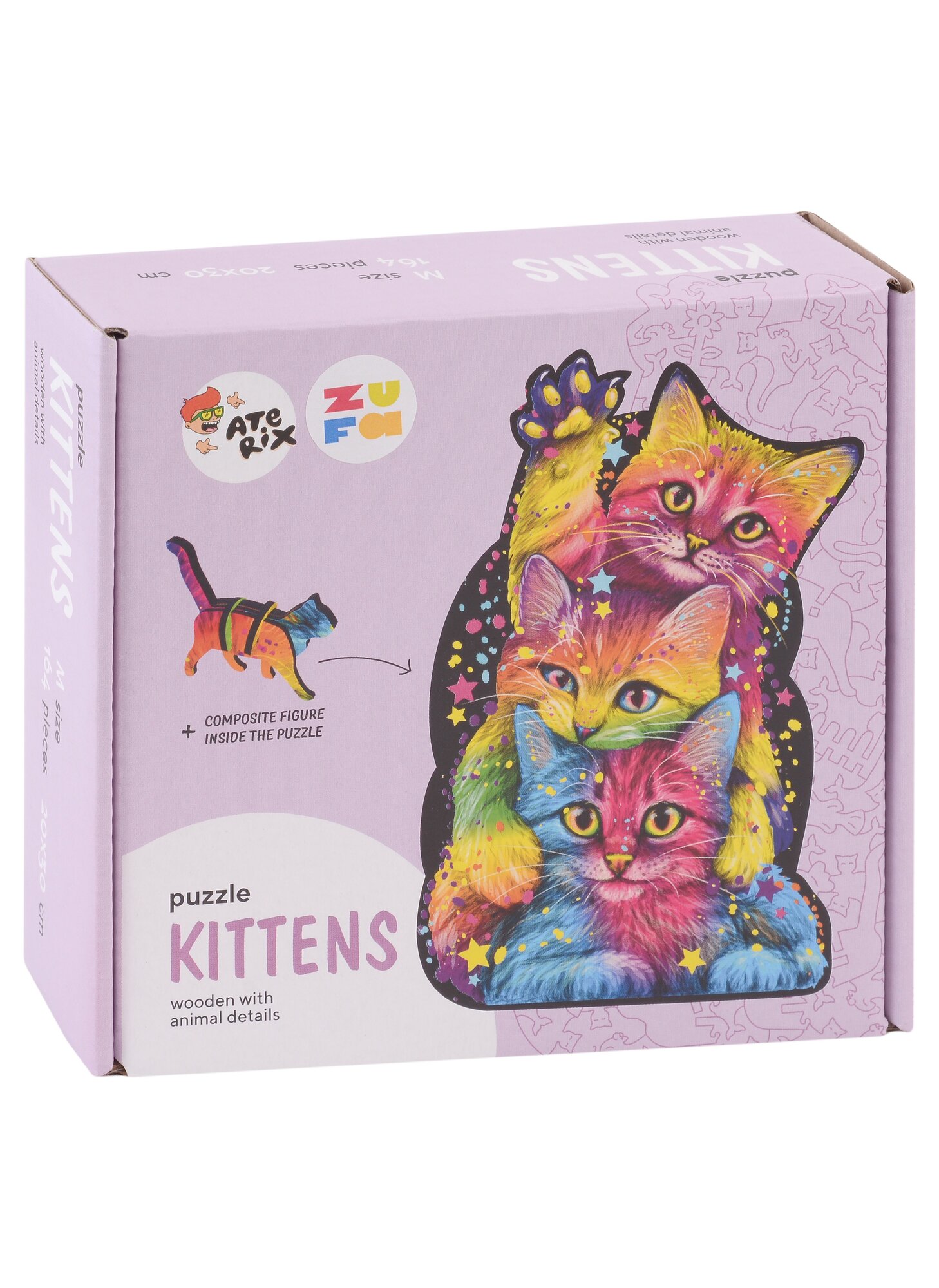 Развивающий деревянный пазл Aterix в картонной коробке "Котята" M, 164 детали