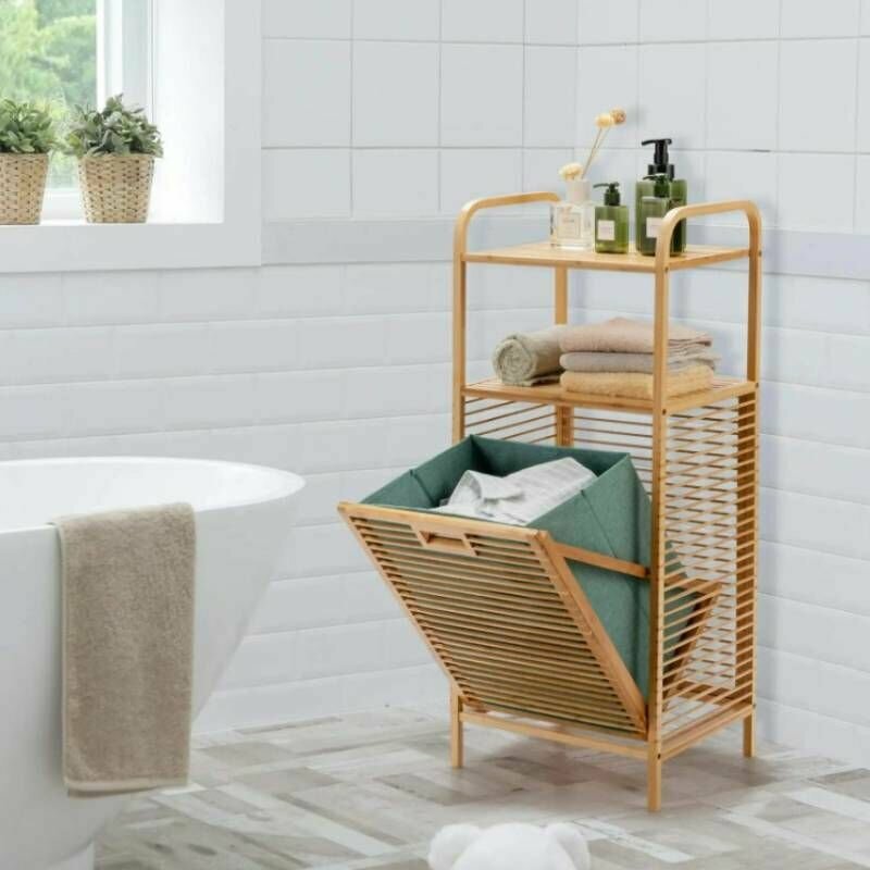 Бамбуковый деревянный стеллаж в ванную с корзиной для белья, этажерка бамбуковая, деревянный стеллаж