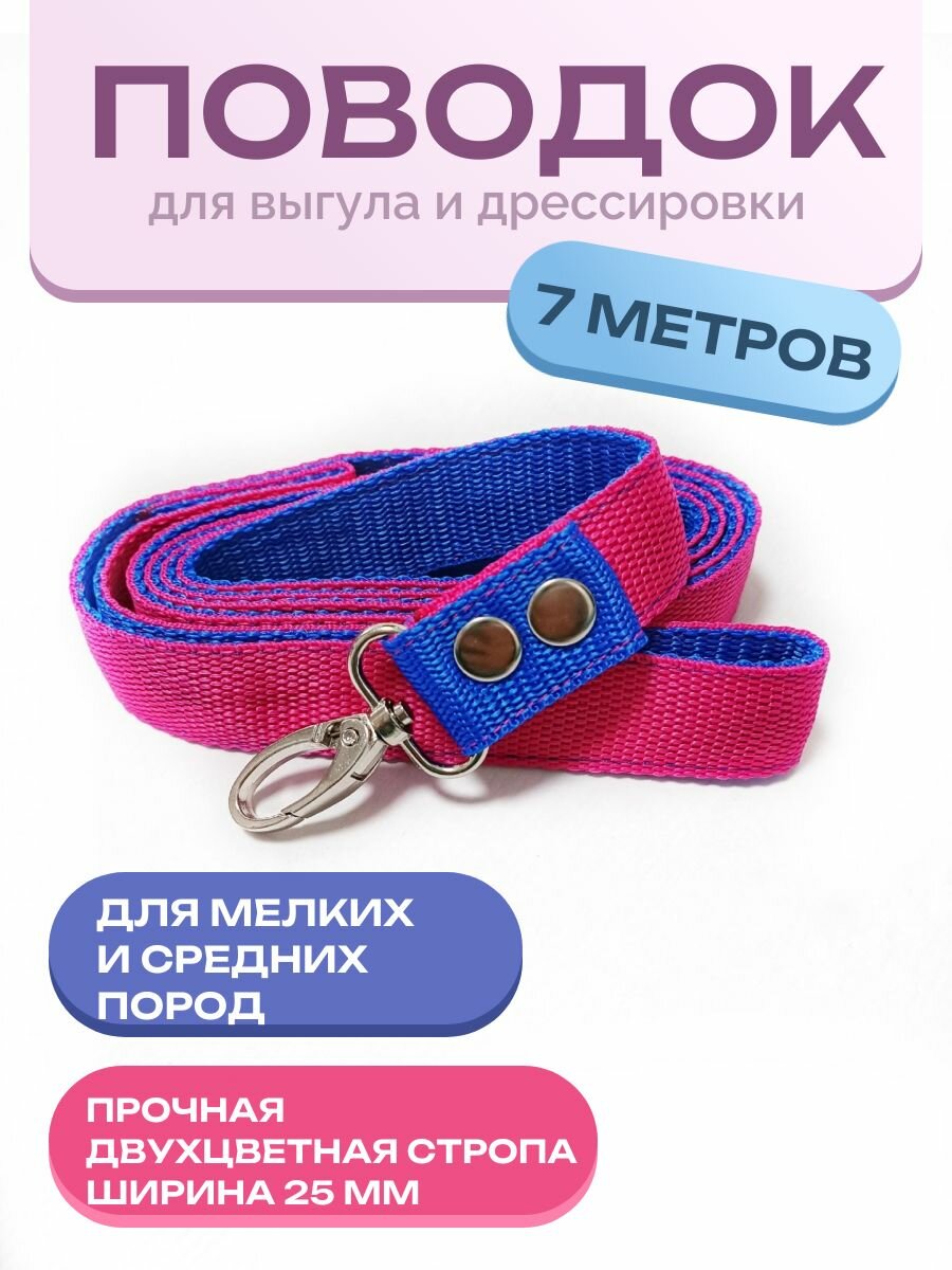 Поводок для собак, стропа синий/розовый, 7 метров, 25мм