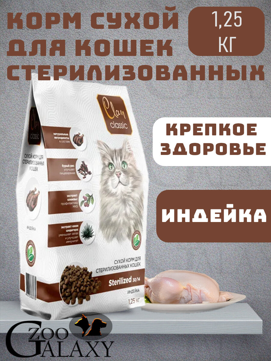 CLAN Корм для стерилизованных кошек индейка 1,25кг