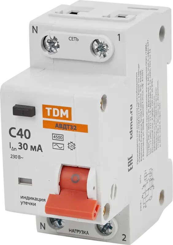 Дифференциальный автомат Tdm Electric АВДТ-32 2P C40 A 30 мА 4.5 кА AC