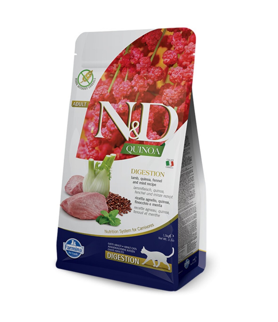 Сухой корм Farmina ND Cat GF Quinoa Digestion Lamb для взрослых кошек с ягненком, ЖКТ, 1,5кг