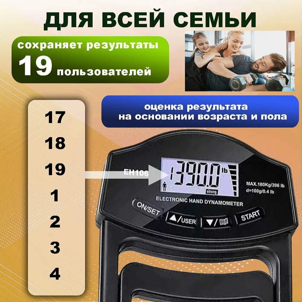 Эспандер-силомер "Динамометр", кистевой тренажер, черный, 180 кг
