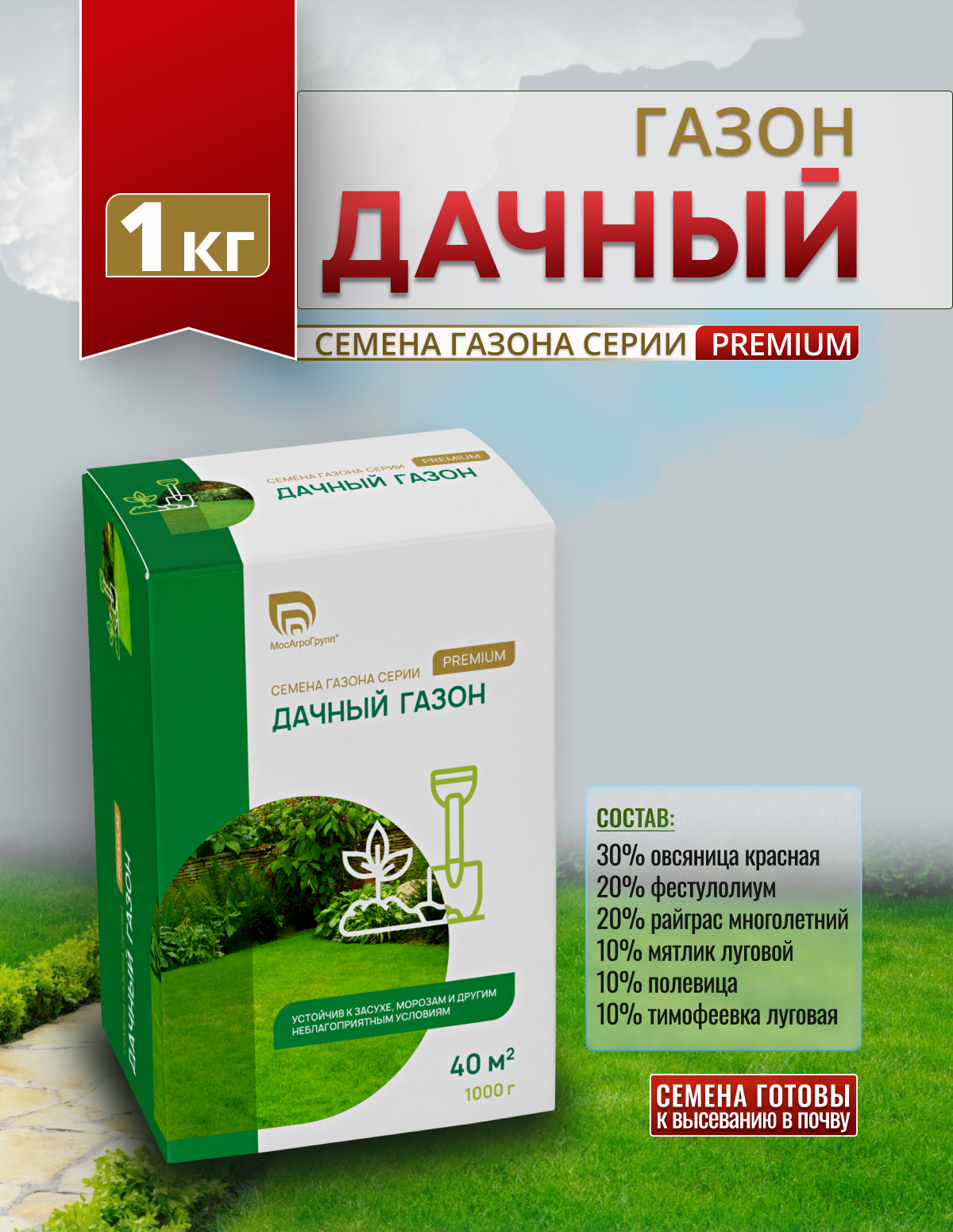 Дачный газон Премиум 1кг Мосагрогрупп засухоустойчивый приусадебный