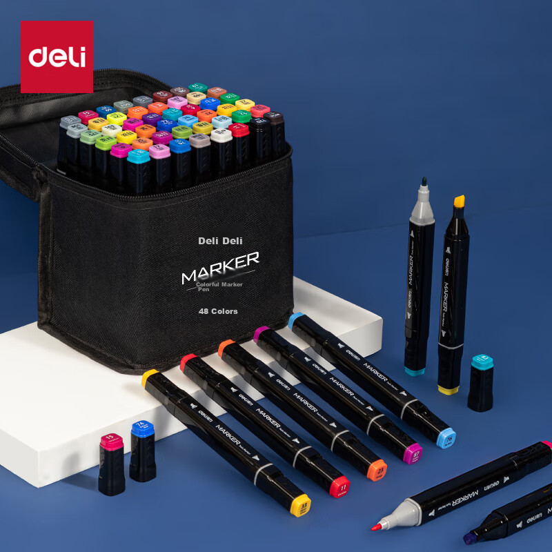 Deli 48-Color Dual-Tip Quick-Drying Alcohol Markers, Black Cloth Bag, Student Watercolor Pens, Art Markers, Drawing Pens, Doodle Pens, Birthday Gift, Back-To Gift
