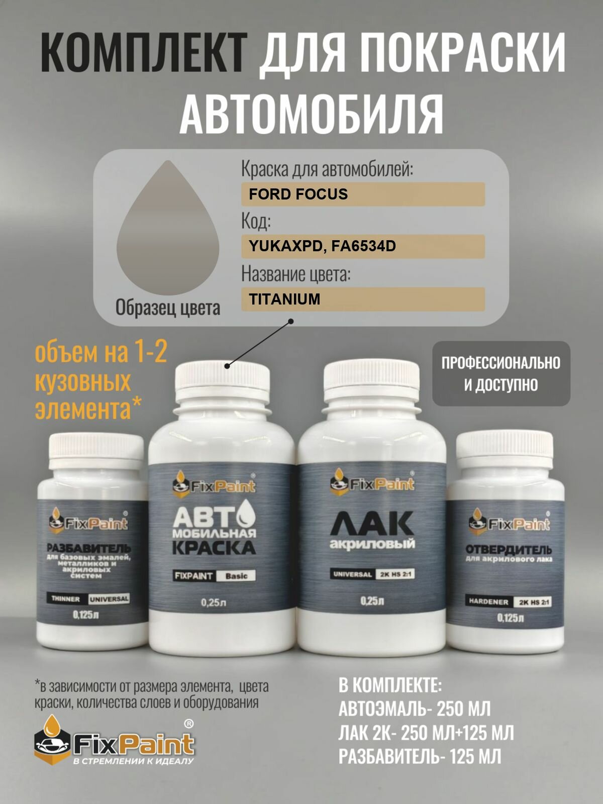 Комплект для покраски FORD FOCUS, код YUKAXPD, FA6534D, TITANIUM, базовая автомобильная эмаль 250 мл, лак 2K 250 мл с отвердителем, разбавитель 125 мл, FixPaint Pro