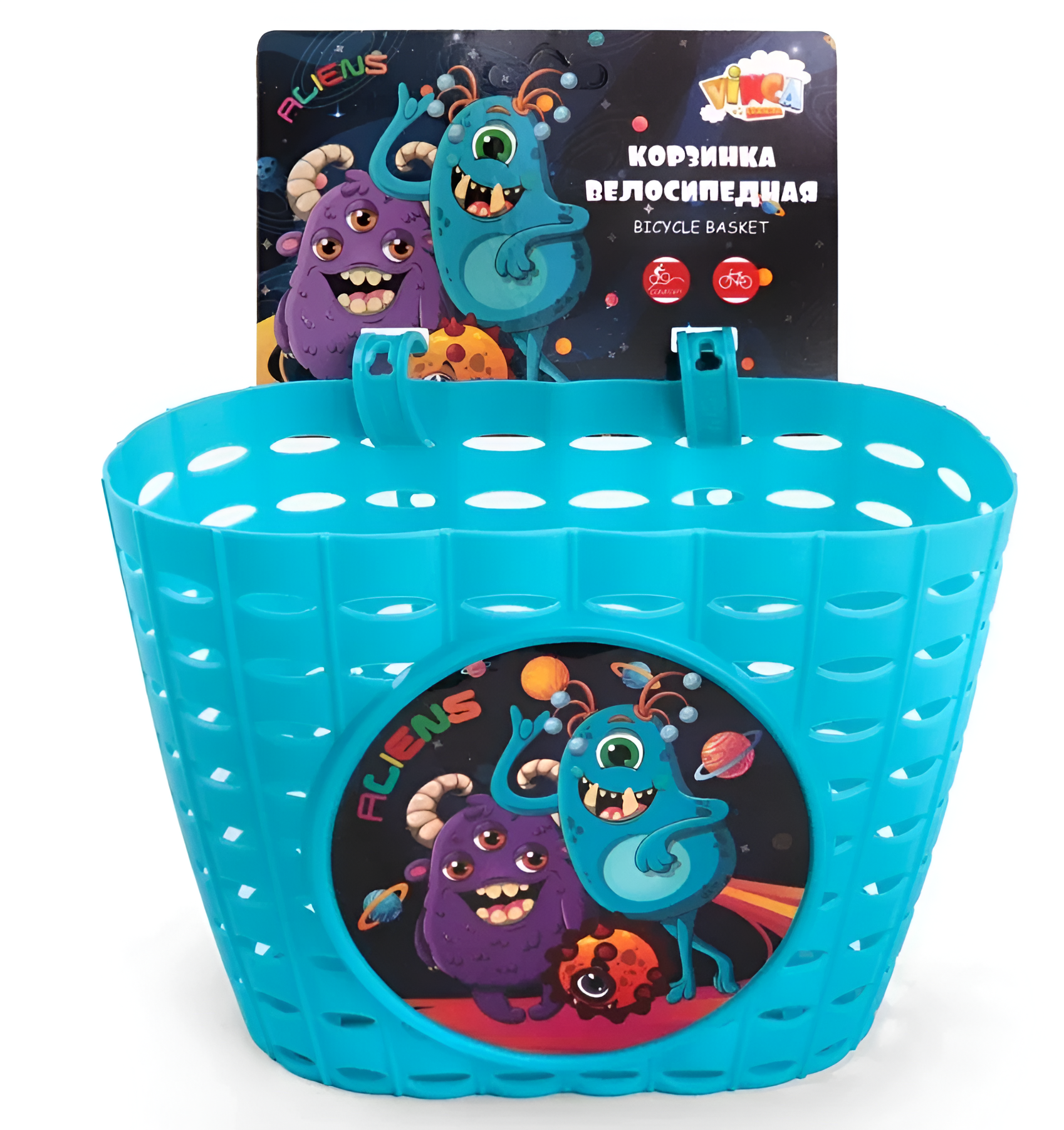 Корзинка детская на руль для велосипеда и самоката, голубая, 200x150x130мм, "Aliens"